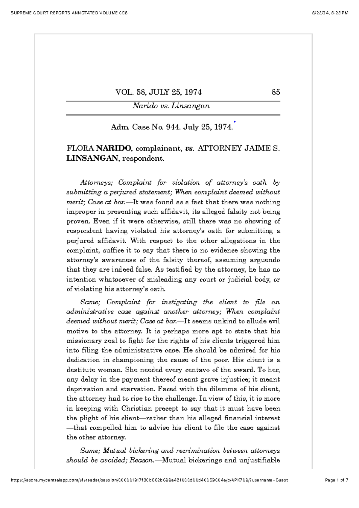 11. Narido v. Linsangan - VOL. 58, JULY 25, 1974 85 Narido vs ...