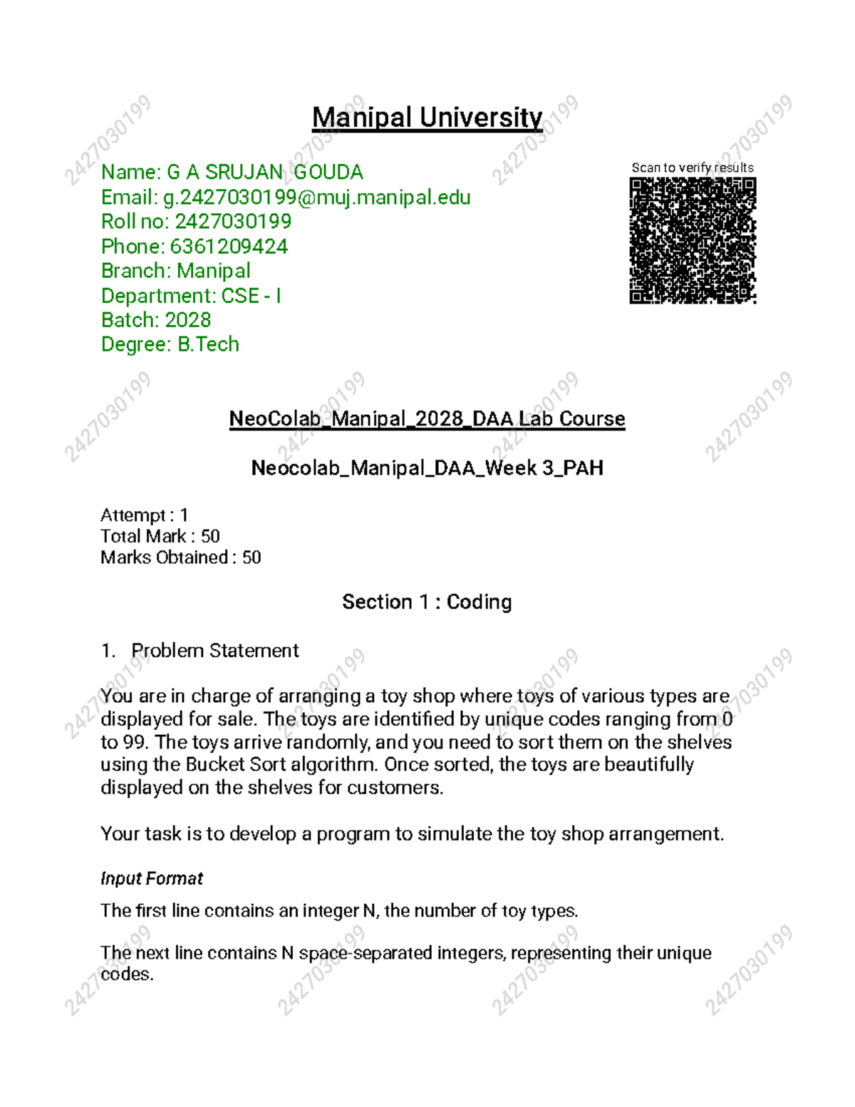 DAA Lab Course 24 27 03 01 99 - Week 3 Toy Arrangement & Sorting - Studocu