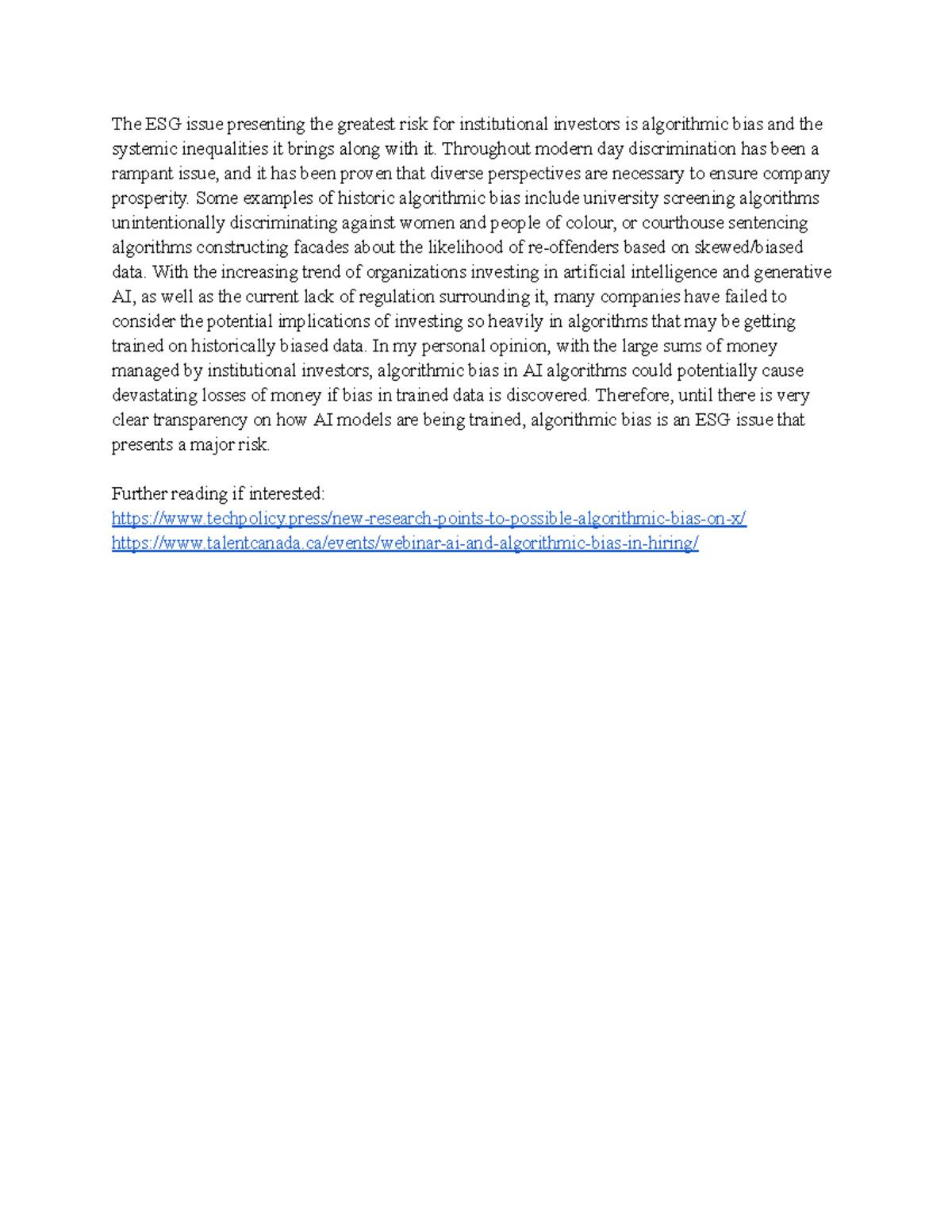 199411 - JR101788 ESG Risks: Algorithmic Bias in AI Investing - Studocu