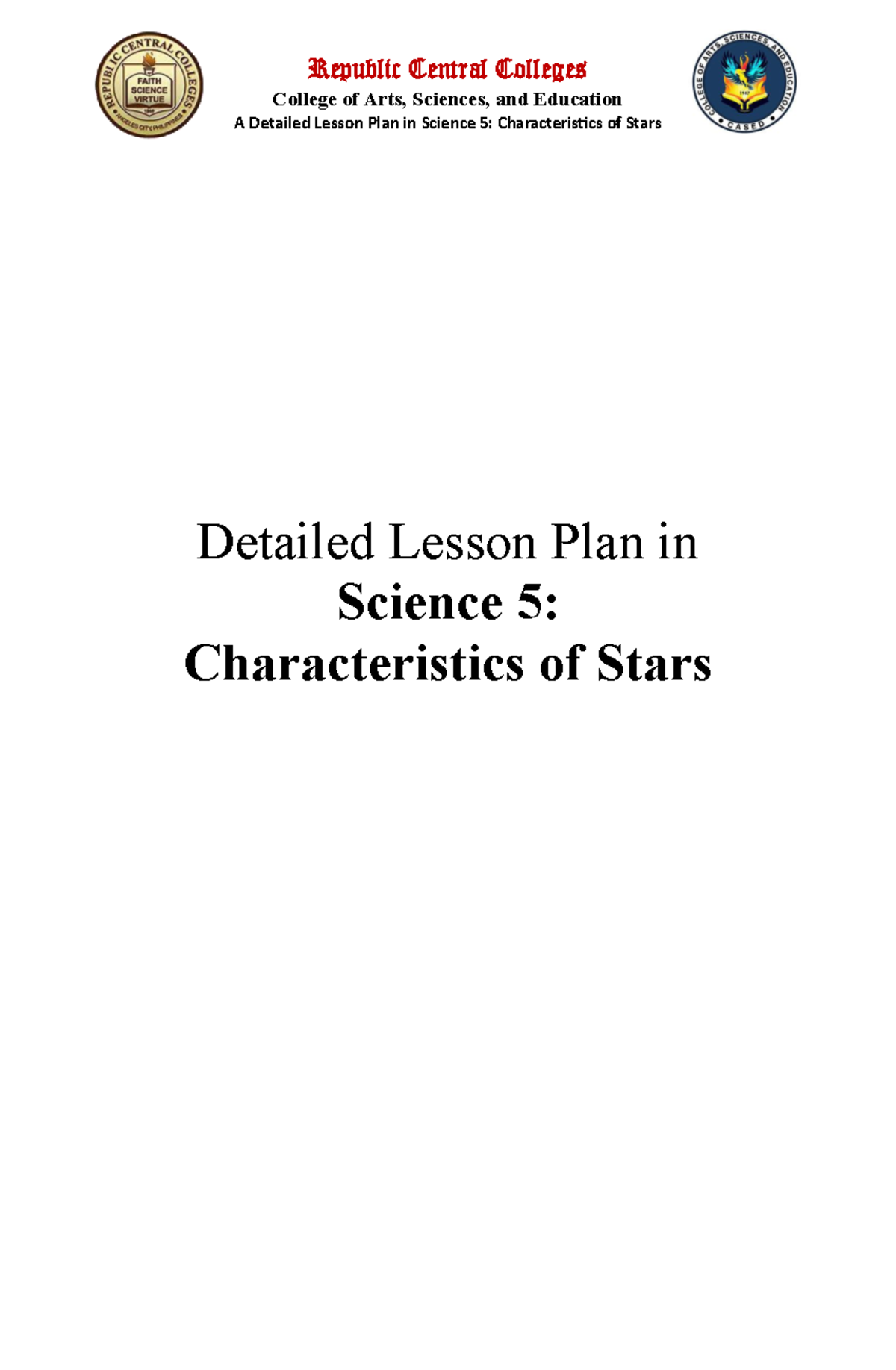 DLP - Detailed Lesson Plan: Characteristics of Stars in Science 5 - Studocu