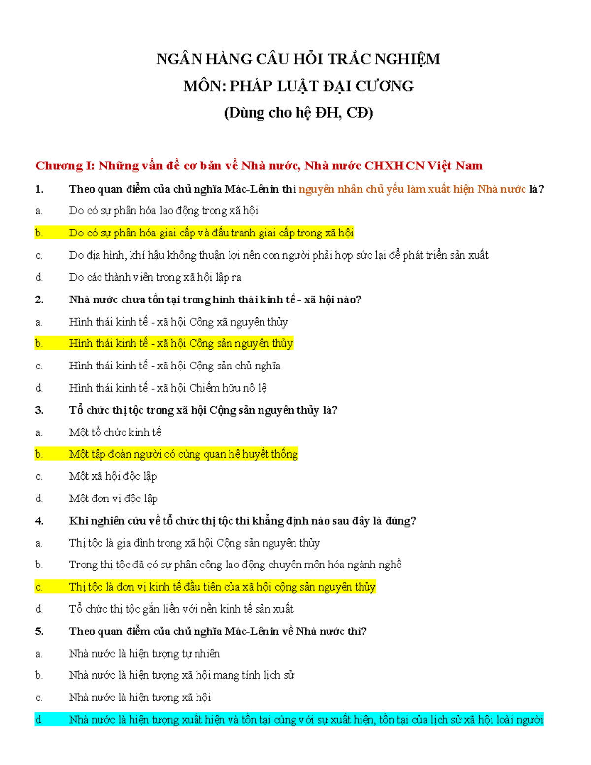 NGÂN HÀNG CÂU HỎI TRẮC NGHIỆM PHÁP LUẬT ĐẠI CƯƠNG (PLDC) - Studocu