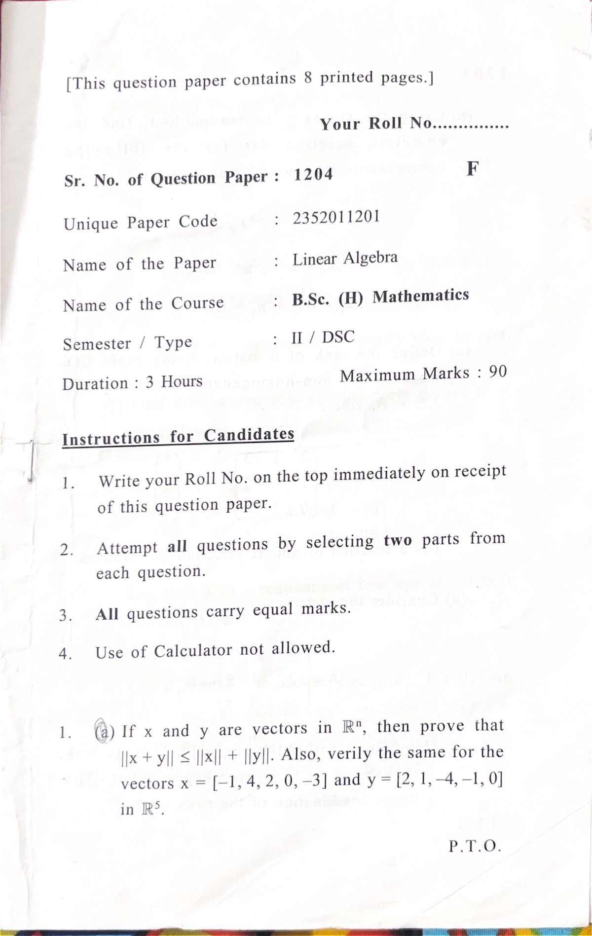 LA - Previous Year Question Paper for B.Sc. (H) Mathematics Semester II ...
