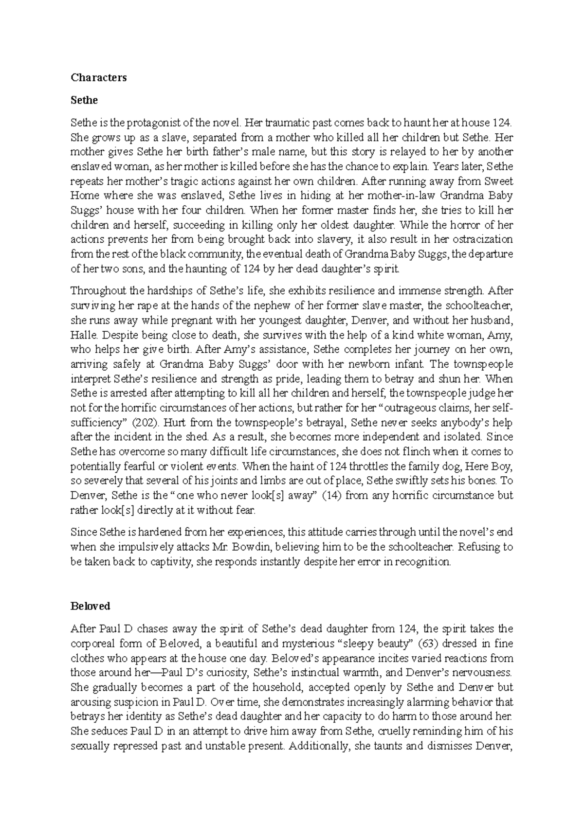 Character Analysis of Sethe, Beloved, and Denver in Beloved (ENG 202 ...