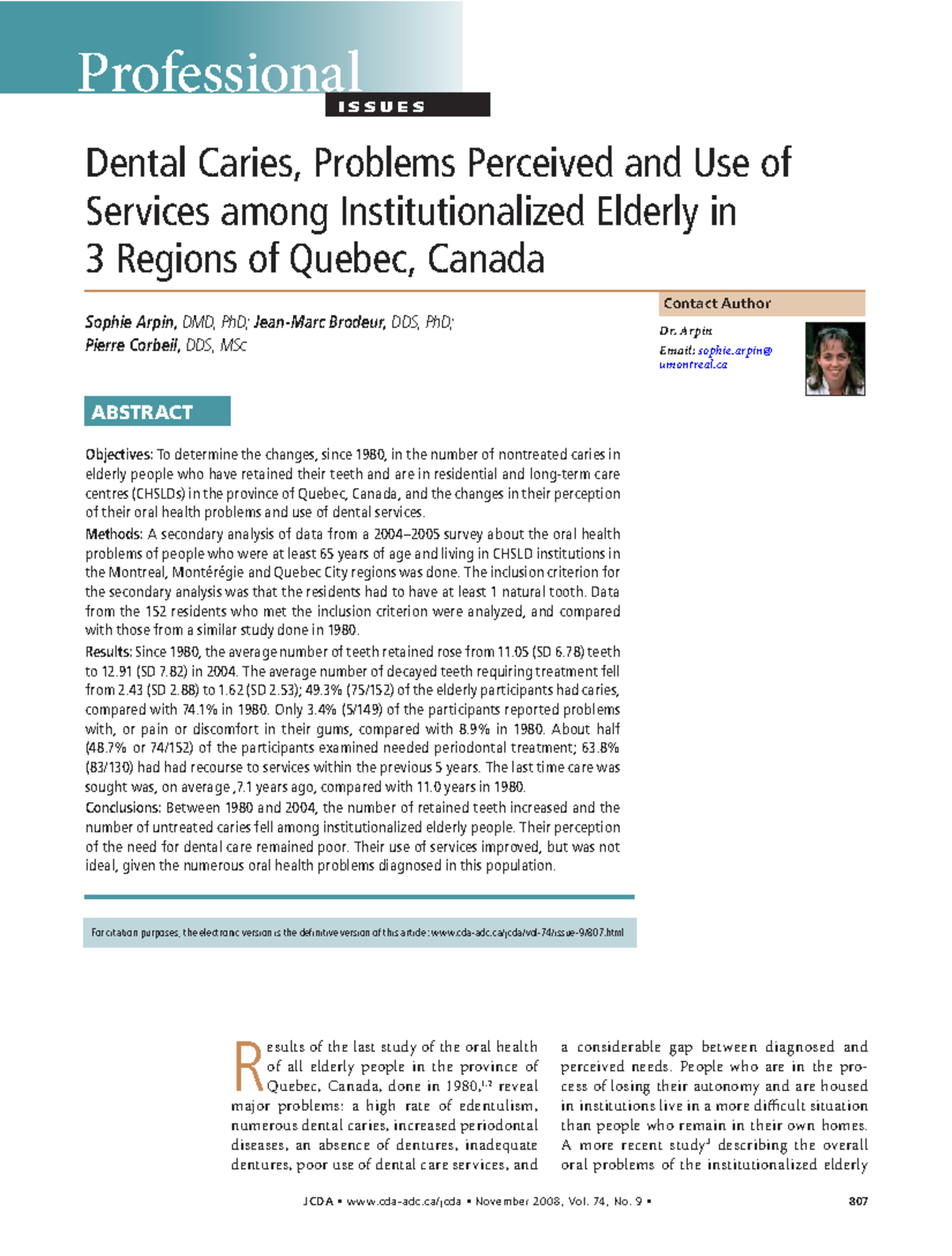 Professional Issues in Dental Caries: Insights from Quebec's Elderly ...