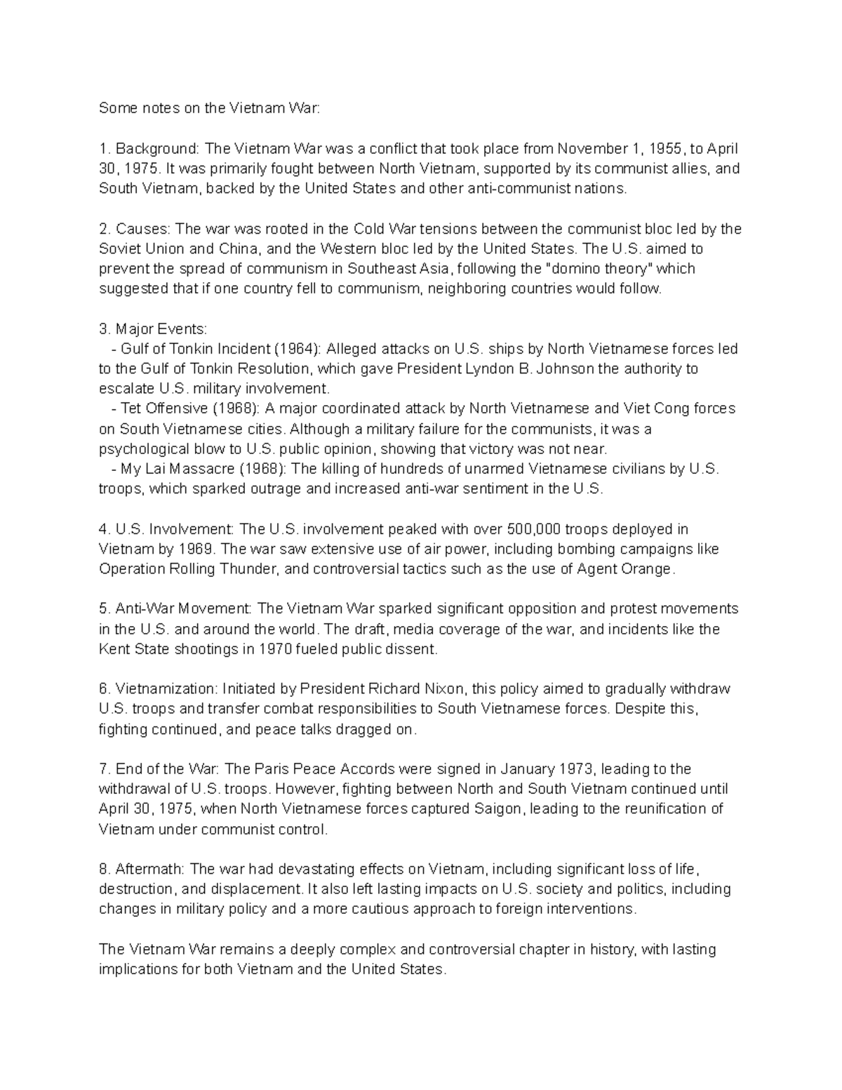 Vietnam War - Summary U.S. History Since 1945 - Hon - Some notes on the ...