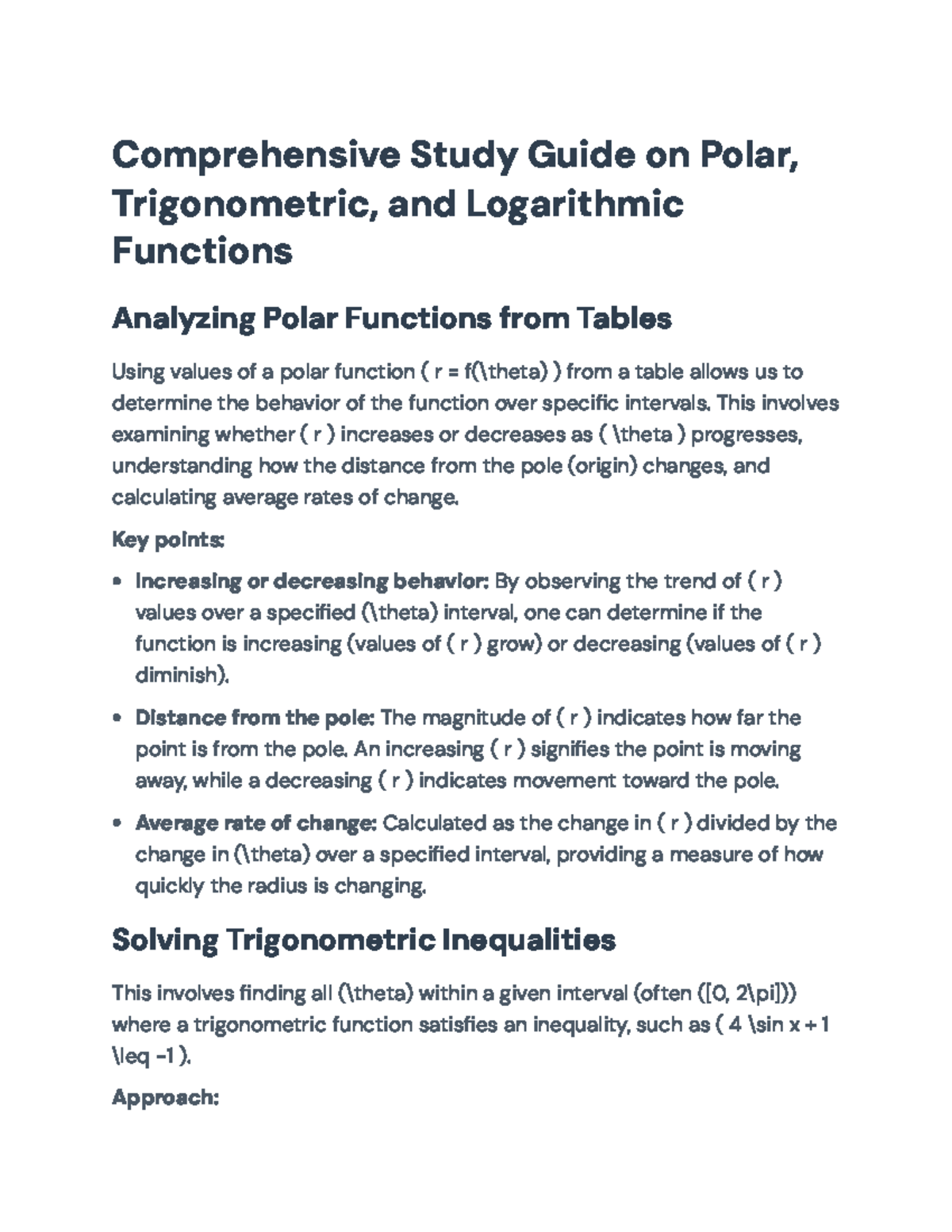 Comprehensive Study Guide: Polar, Trig, & Log Functions (MATH 101) - Studocu