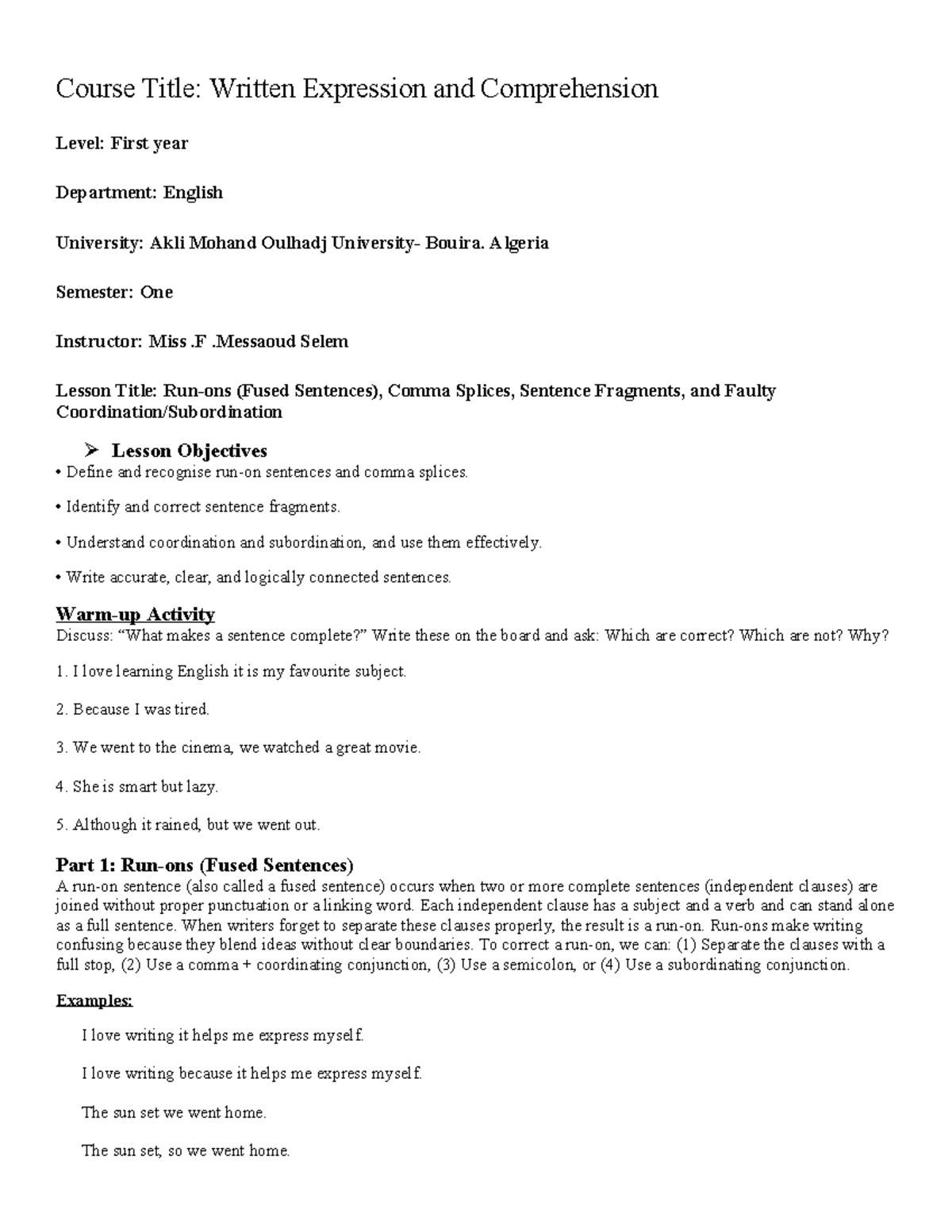 ENG101: Lesson on Fused Sentences, Comma Splices & Fragments - Studocu