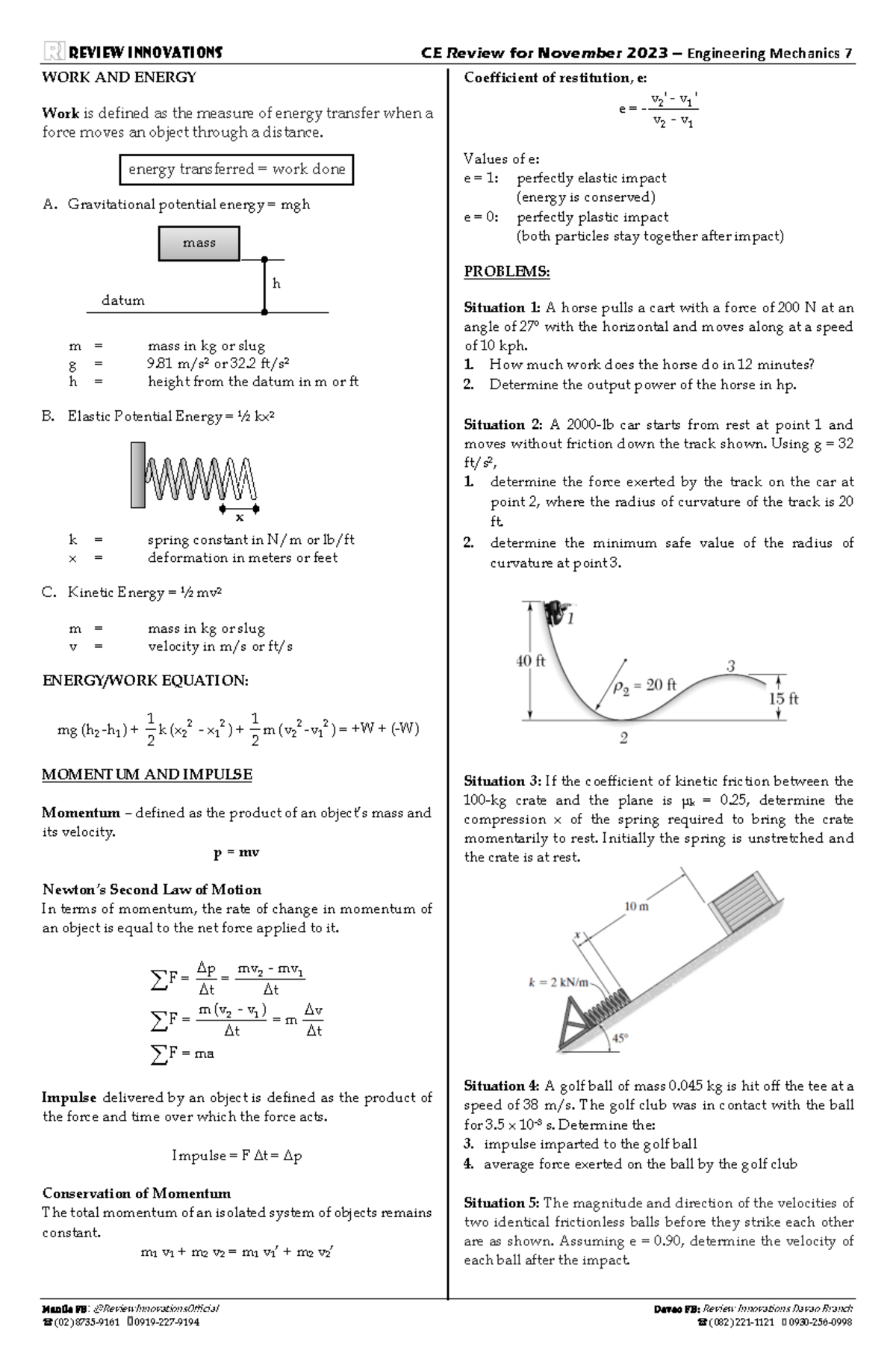 Work & Energy Problems - Eng Mechanics CE Review (Nov 2023) - Studocu