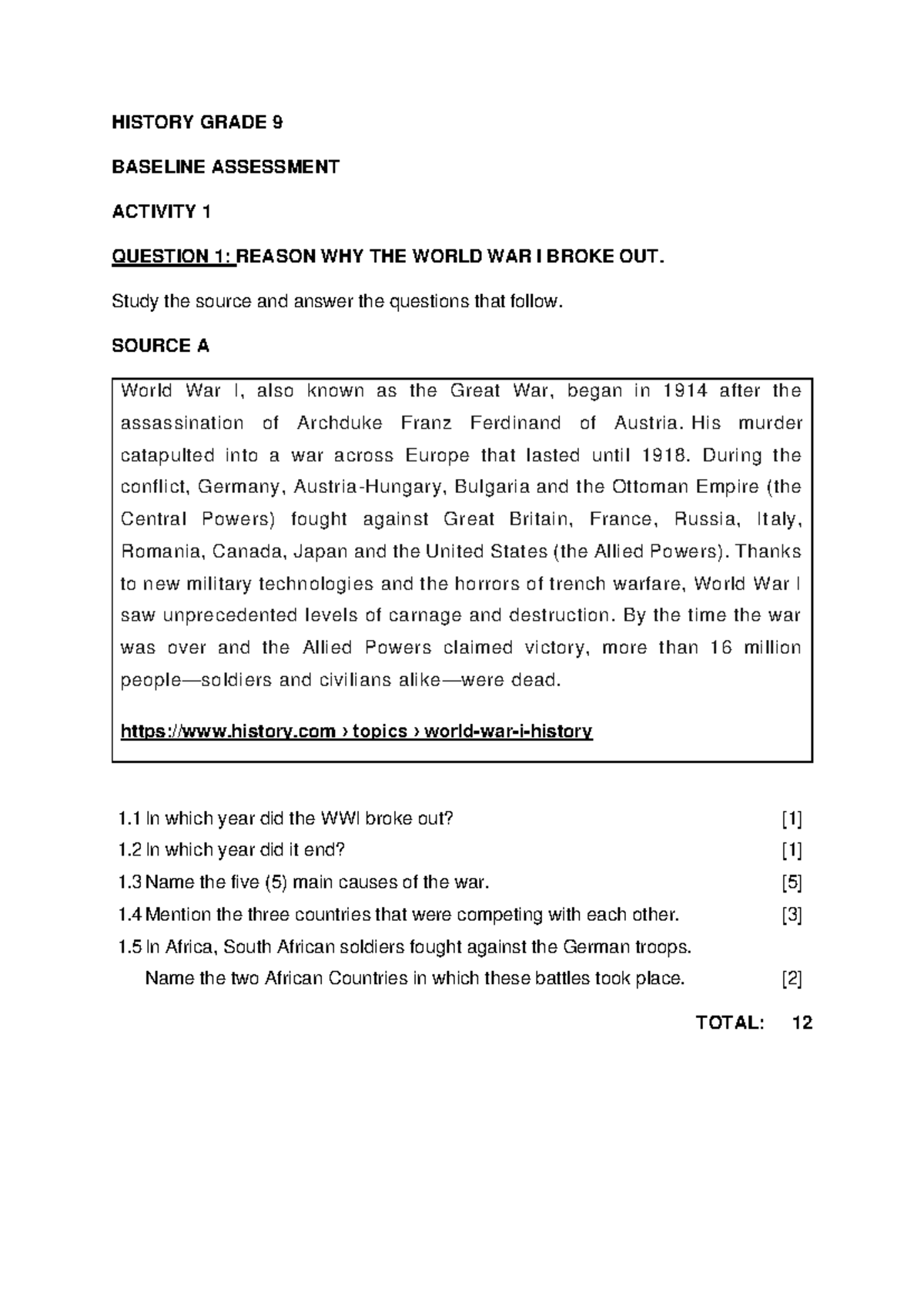 Grade 9 History Term 1 Worksheets: Causes of WWI & Nazi Germany ...