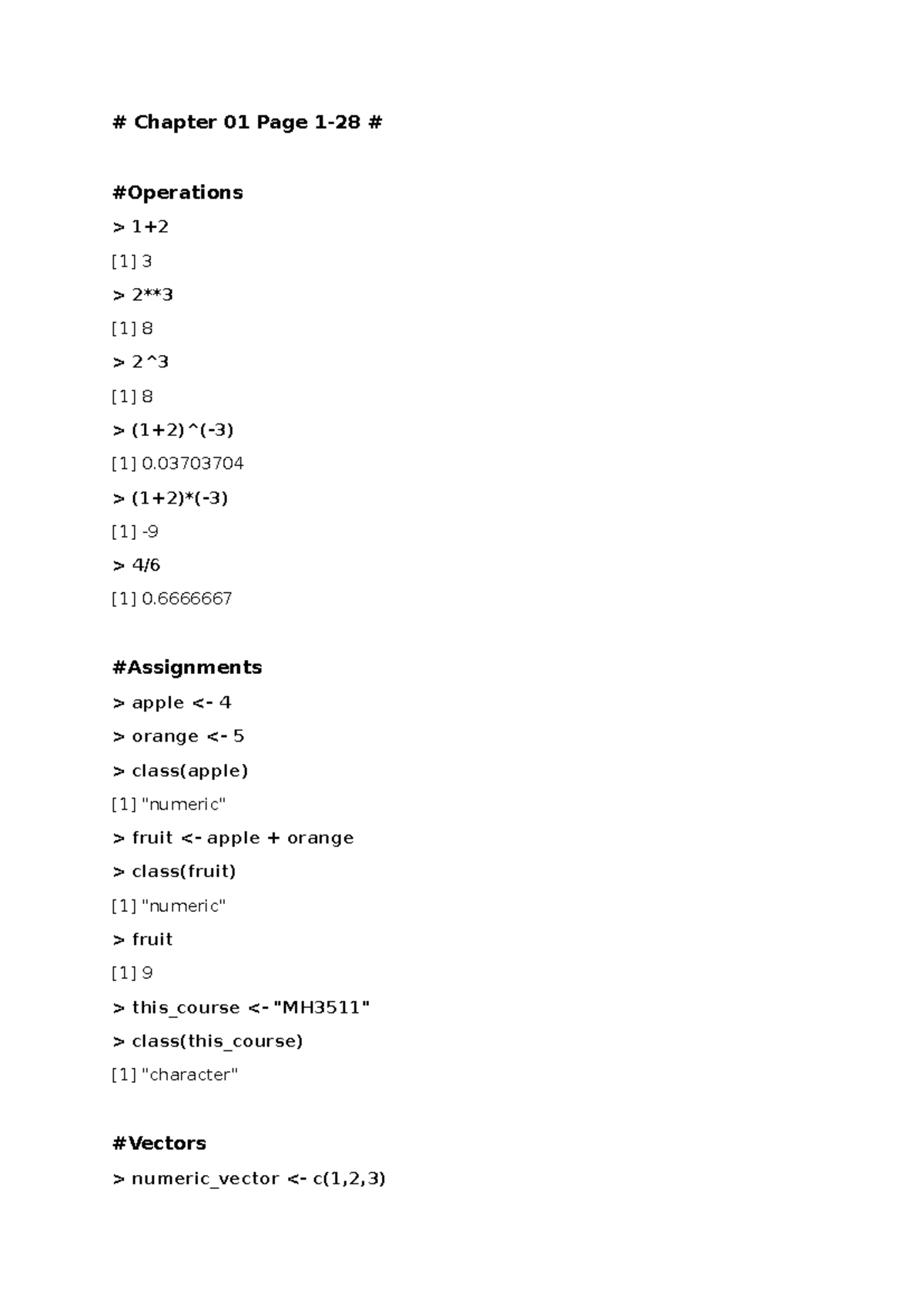 MH3511 Week 1 - Operations, Assignments, Vectors, and Matrices Notes ...