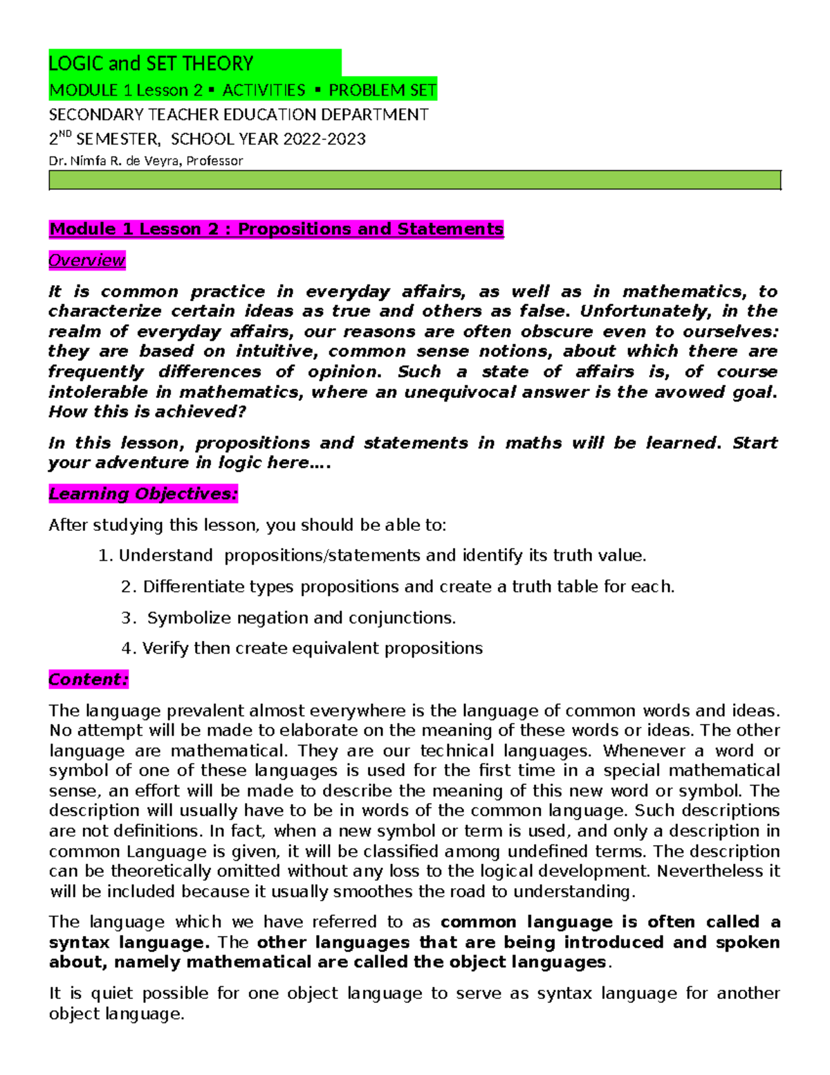 Module 1 Lesson 2: Propositions and Truth Values in Logic - Studocu