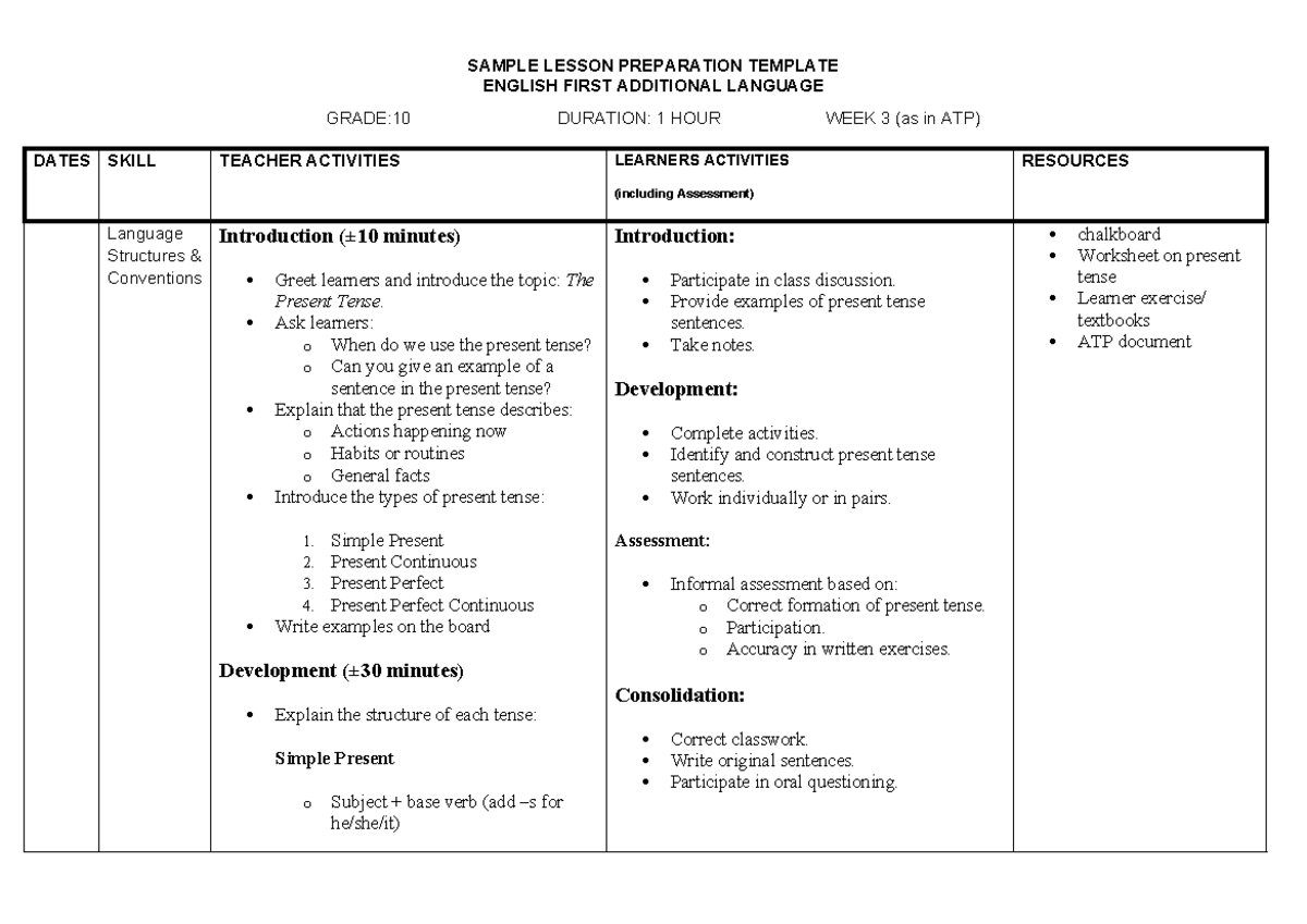 Grade 10 English FAL Term 1 Week 3 Lesson Plan: Present Tense - Studocu