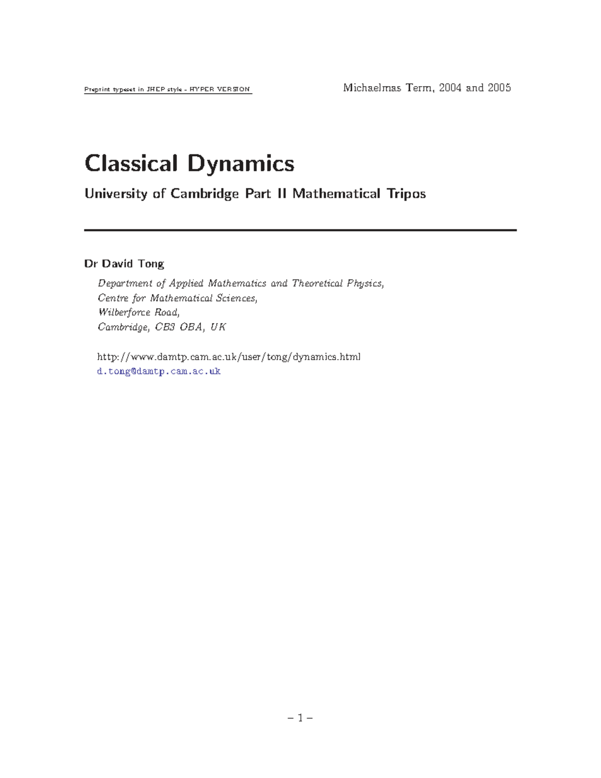 Classical dynamics notes for Part II Mathematical Tripos (HYPER VERSION ...