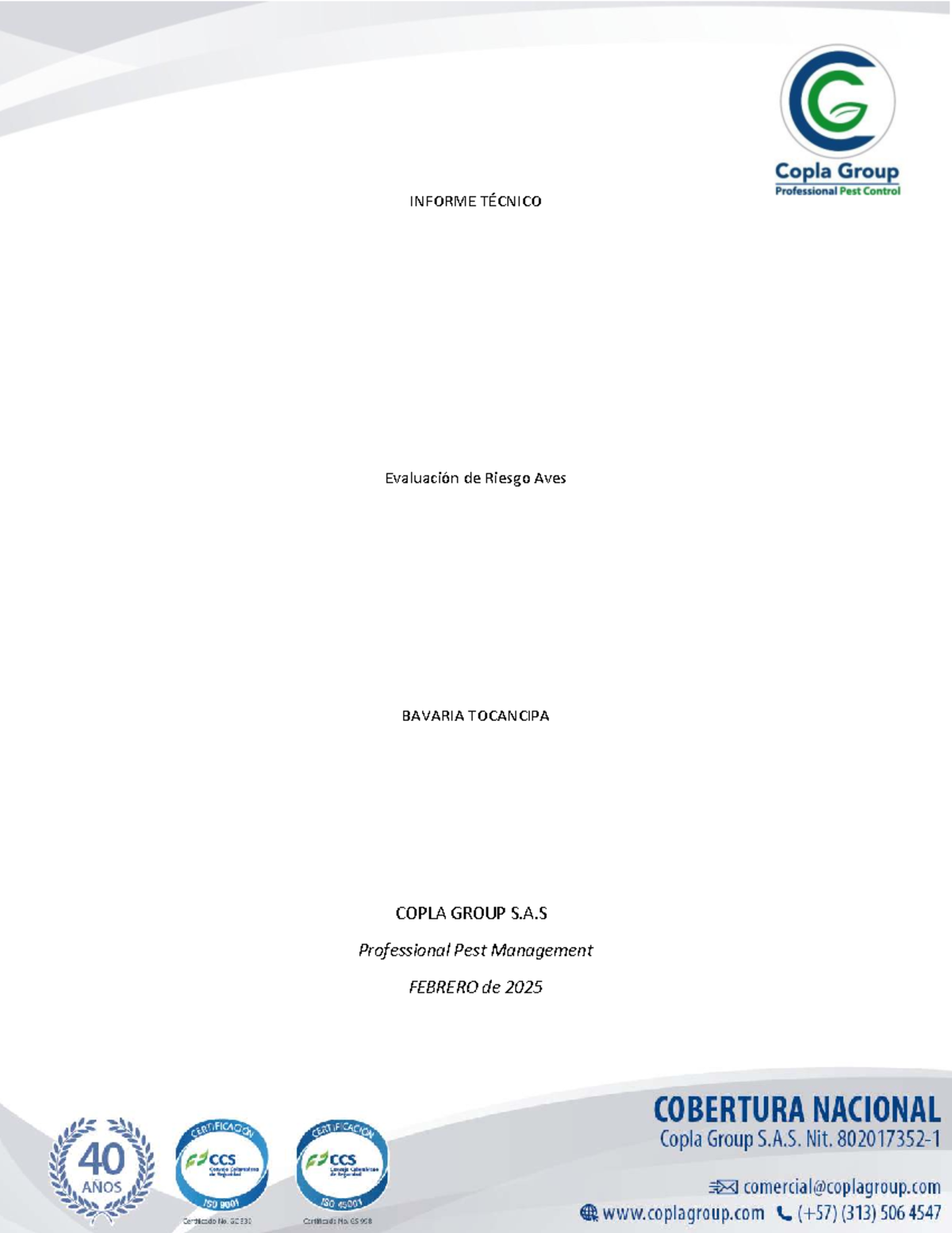 Informe Técnico BAVARIA: Evaluación de Riesgo de Aves - Feb 2025 - Studocu