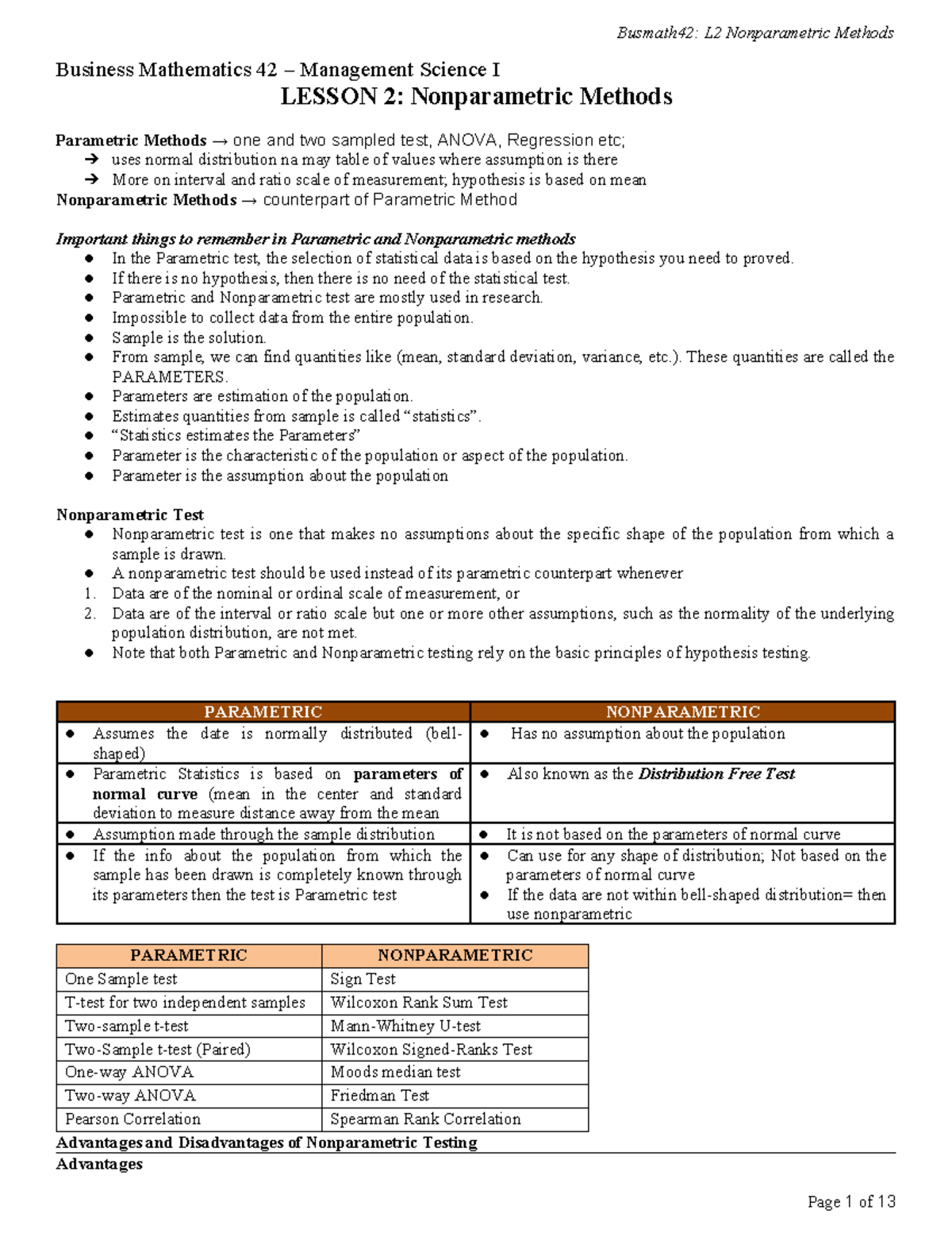 Busmath42: L2 Nonparametric Methods Overview and Key Concepts - Studocu