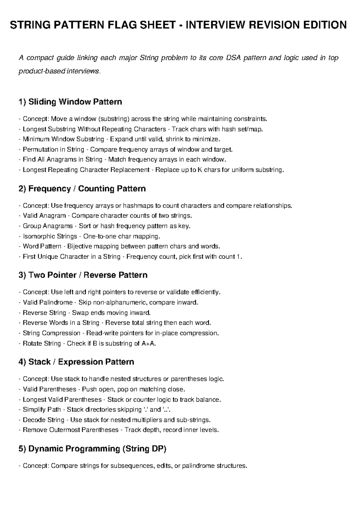 String Pattern Flag Sheet: DSA Interview Prep Guide - Studocu