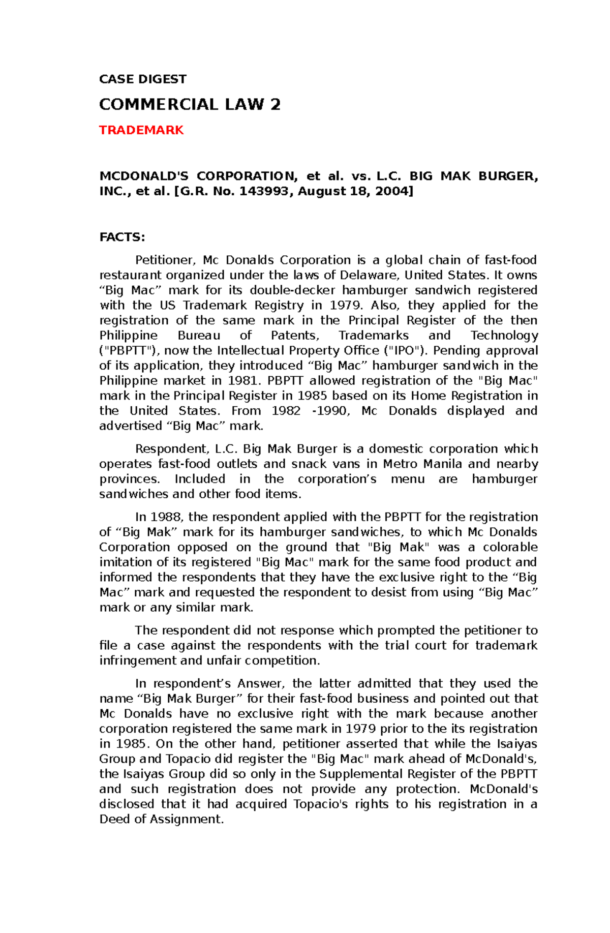 Comlaw 2 Case Digest: Trademark Infringement Analysis - Studocu