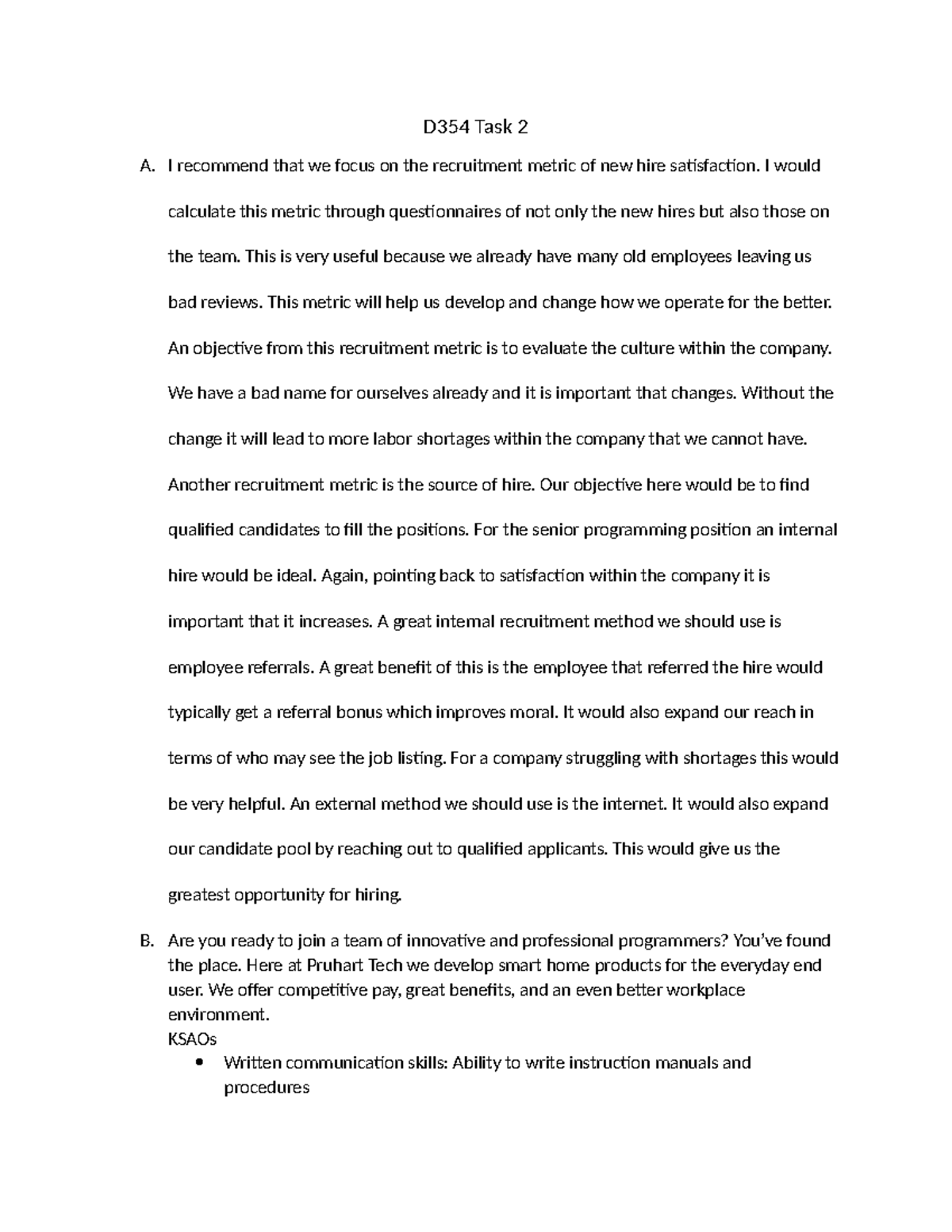 D354 Task 2 - Recruitment Metrics and Strategies for Improvement - Studocu