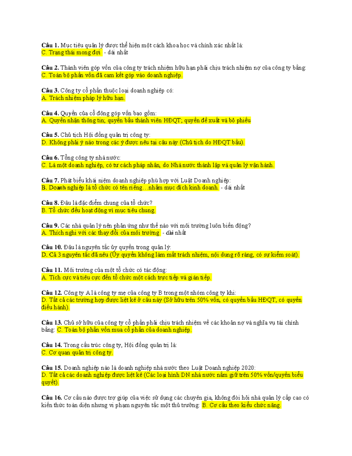 Câu hỏi và đáp án môn Quản Lý - HHHH - Studocu