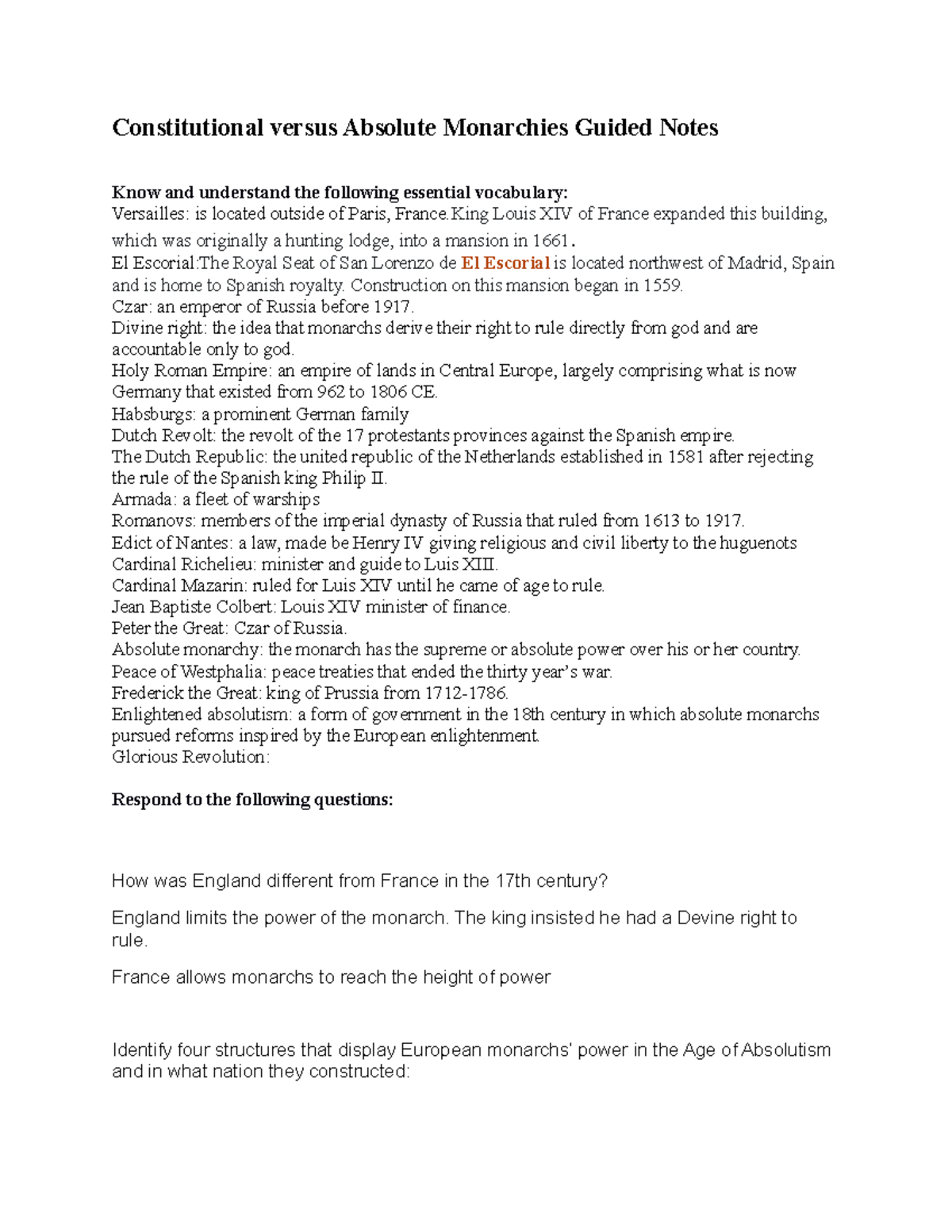 Constitutional versus absolute monarchies guided notes - Constitutional ...