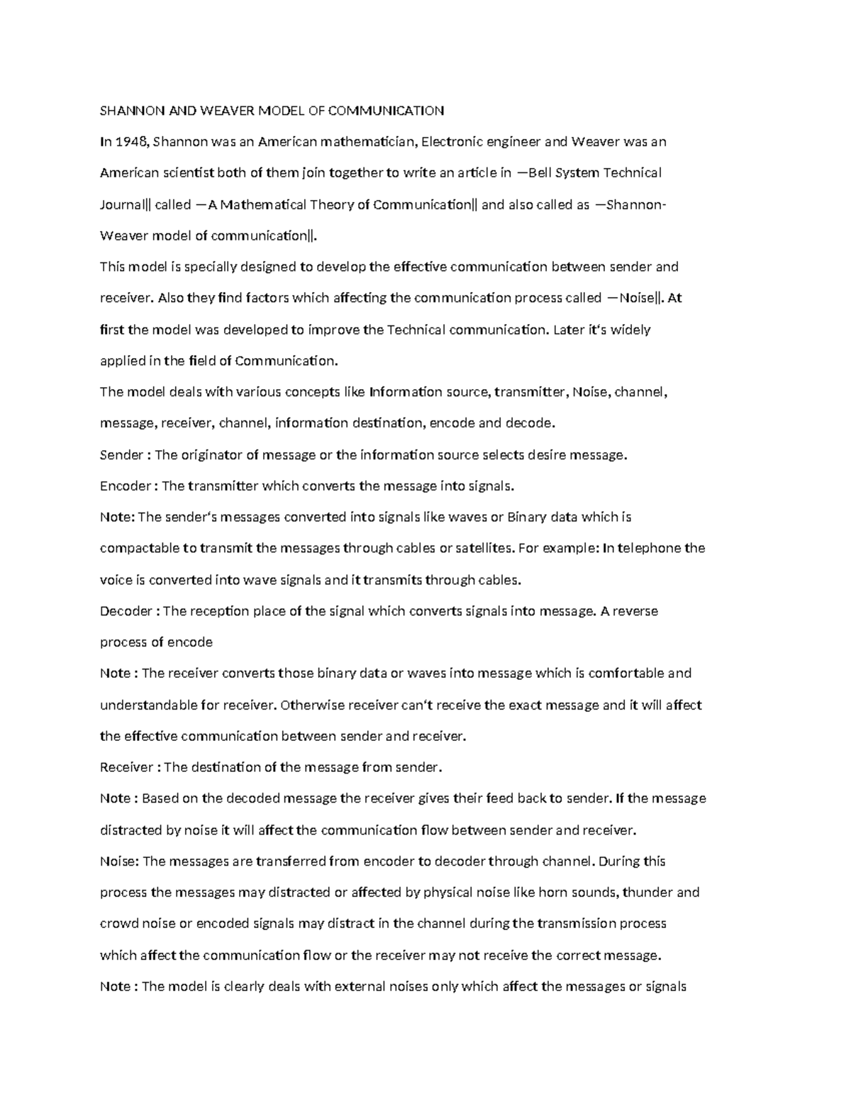 SHS 101: Shannon and Weaver Model of Communication Explained - Studocu