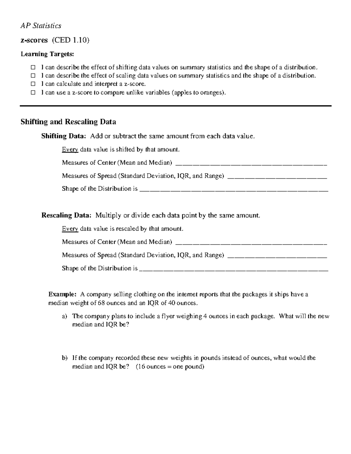 AP Statistics: Notes on z-scores and Data Shifting (CED 1.10) - Studocu