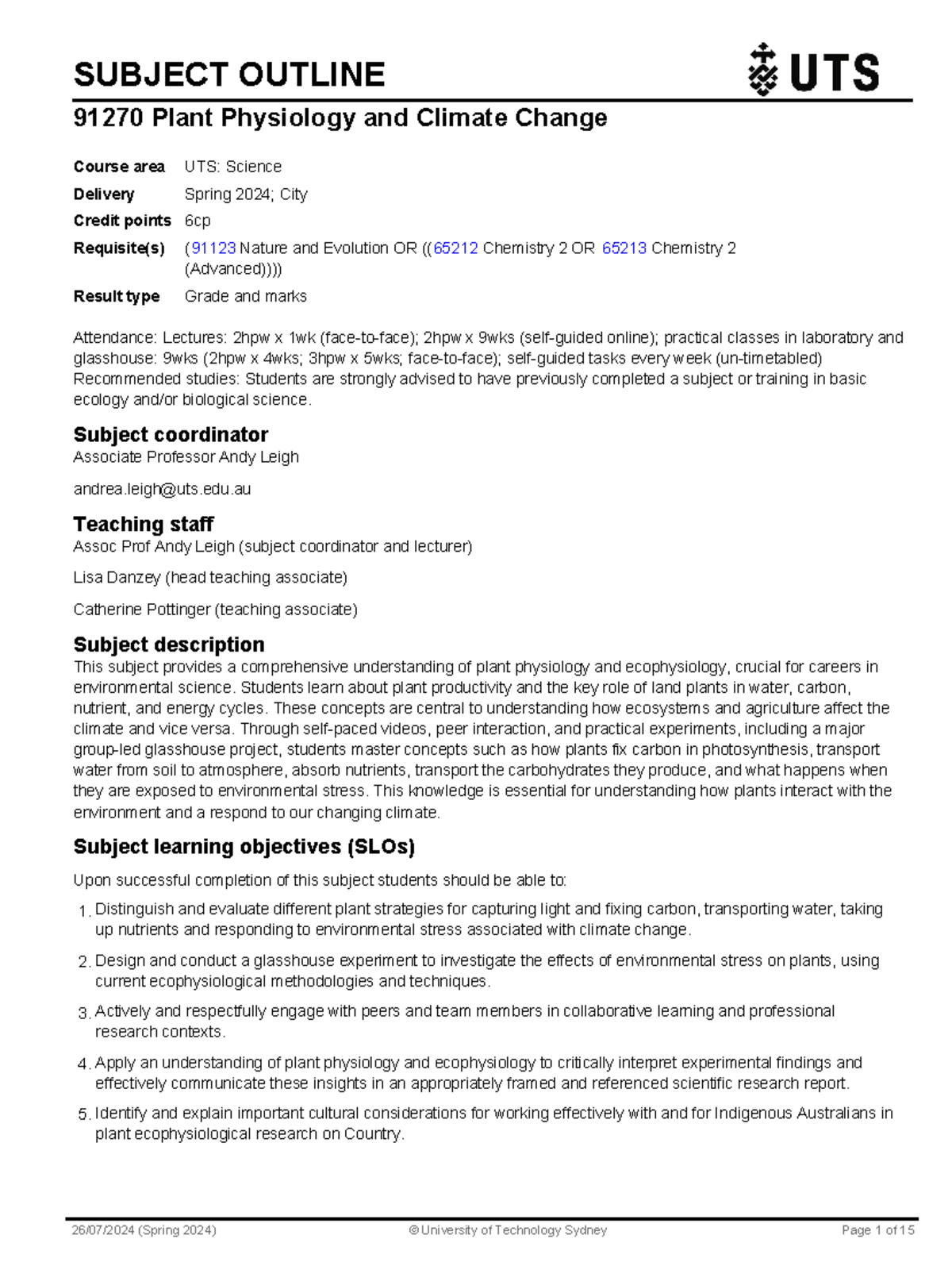 Plant Physiology and Climate Change (91270) Subject Outline - Spring ...