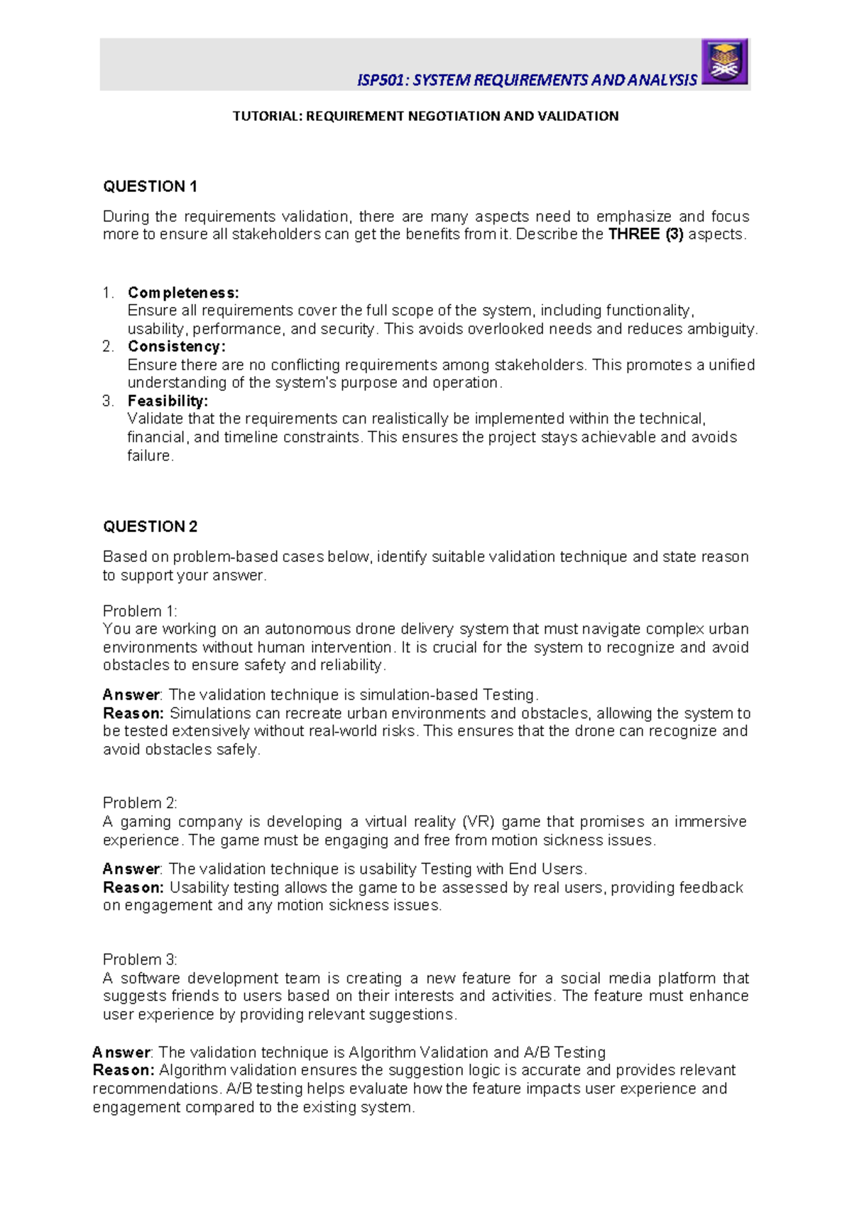 ISP501: Tutorial on Requirement Negotiation & Validation - Q1 & Q2 ...