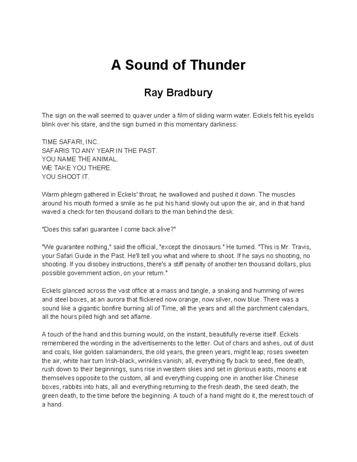 A Sound of Thunder: Worksheet and Analysis on Bradbury's Theme - Studocu