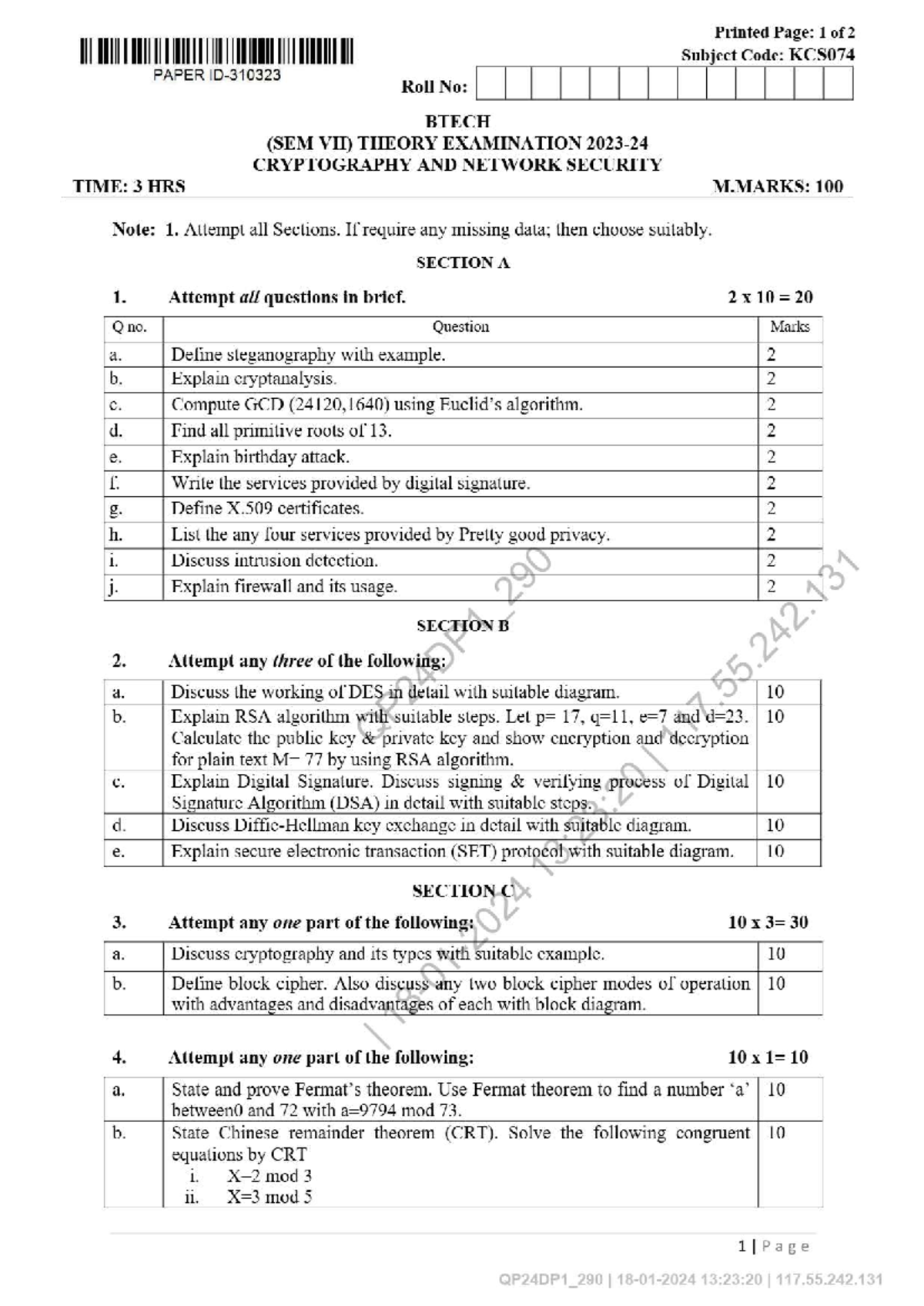 KCS074 BTECH SEM VII Theory Exam Notes: Cryptography & Network Security ...