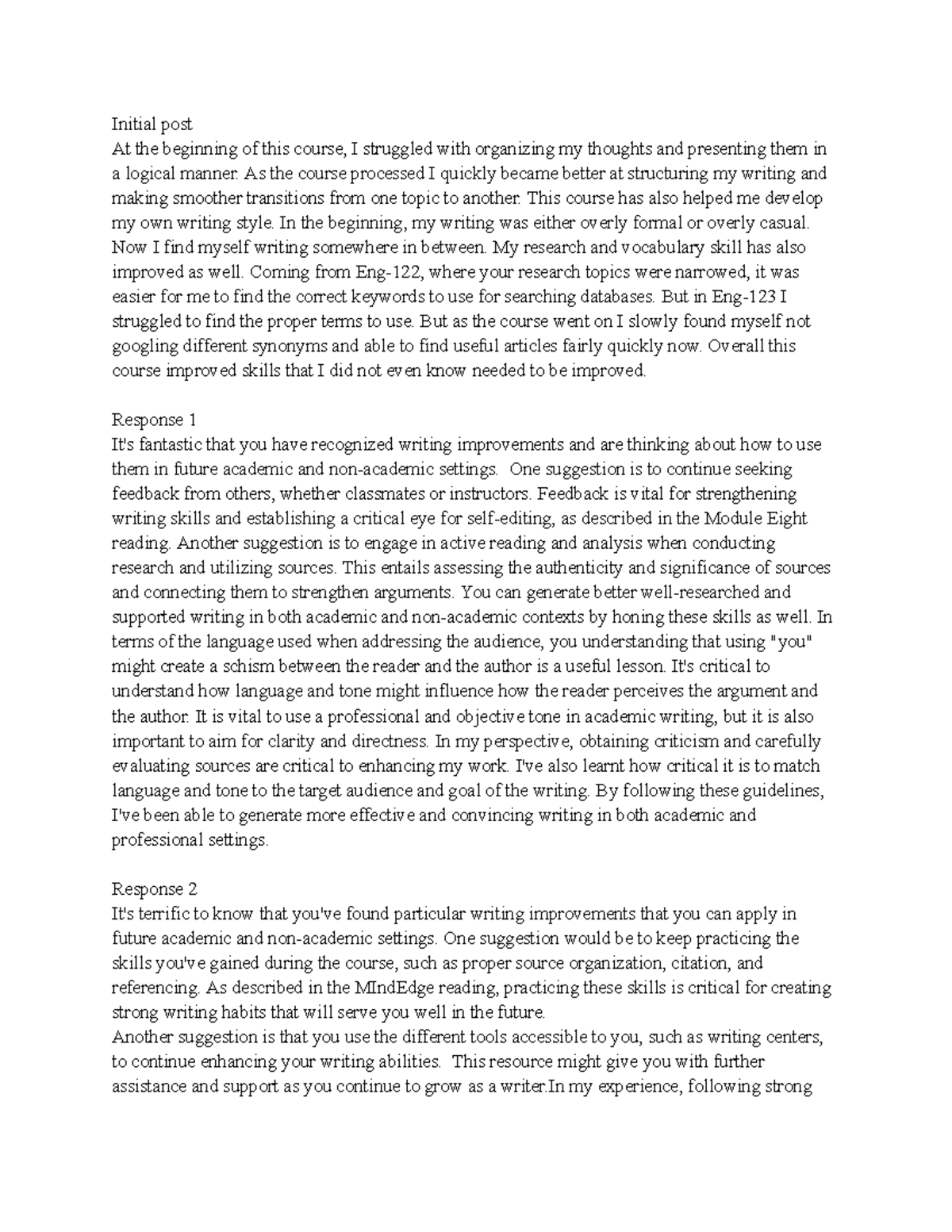 Eng 123 module 8 discussion post - Initial post At the beginning of ...