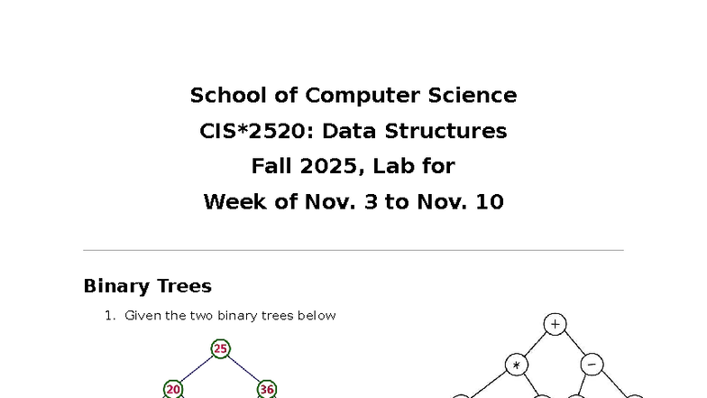 CIS2520 Lab 5: Binary Trees Traversals - Fall 2025 - Studocu