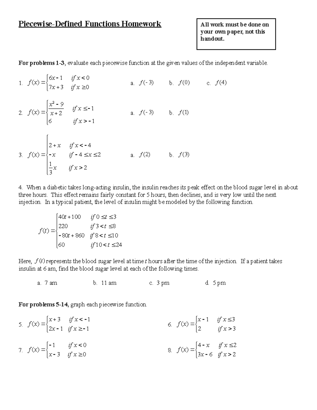 Piecewise-Defined Functions Homework-Student Copy - Piecewise-Defined Functions Homework For ...