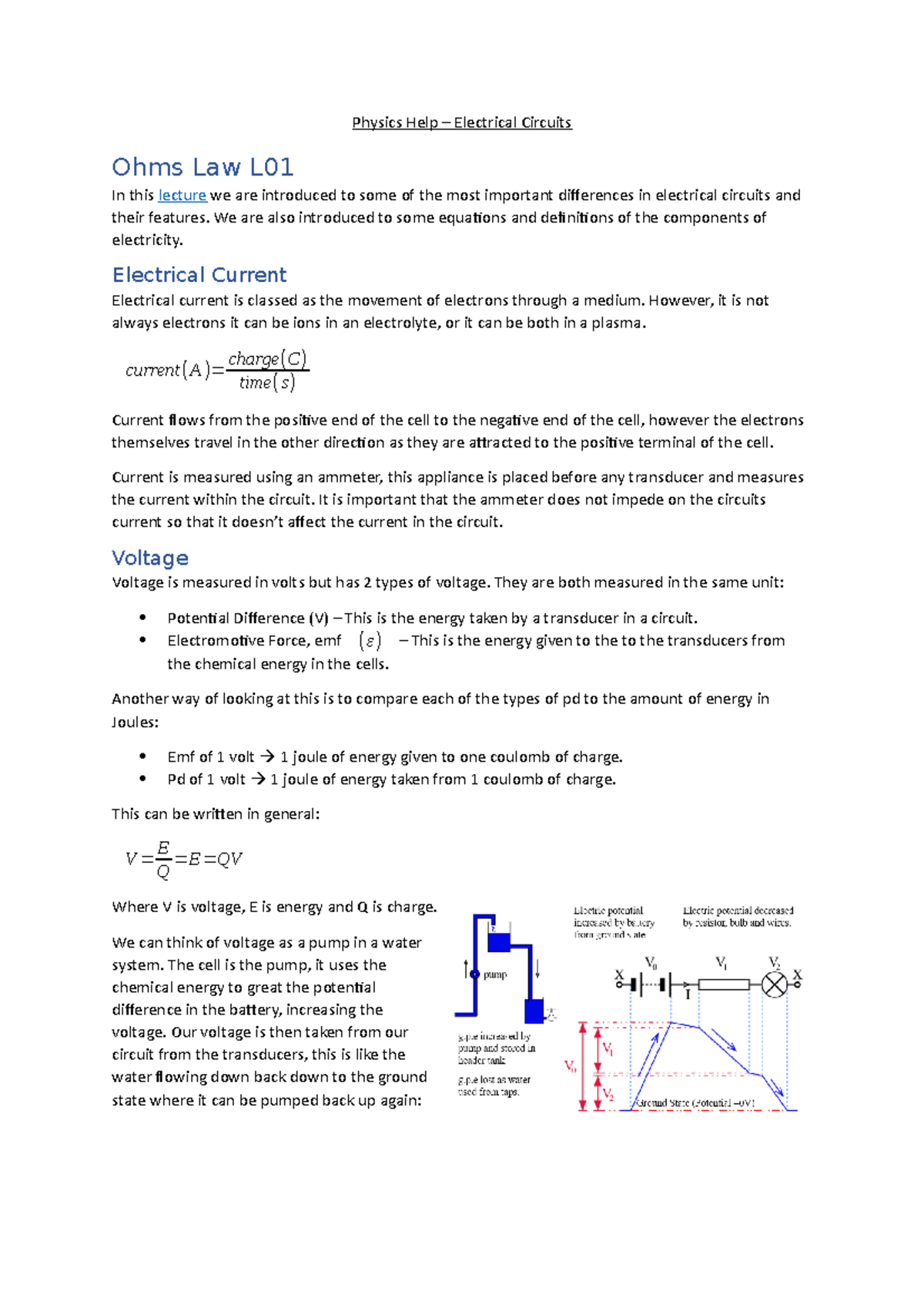 Physics Help - Lecture Notes on Electrical Circuits and Ohm's Law - Studocu