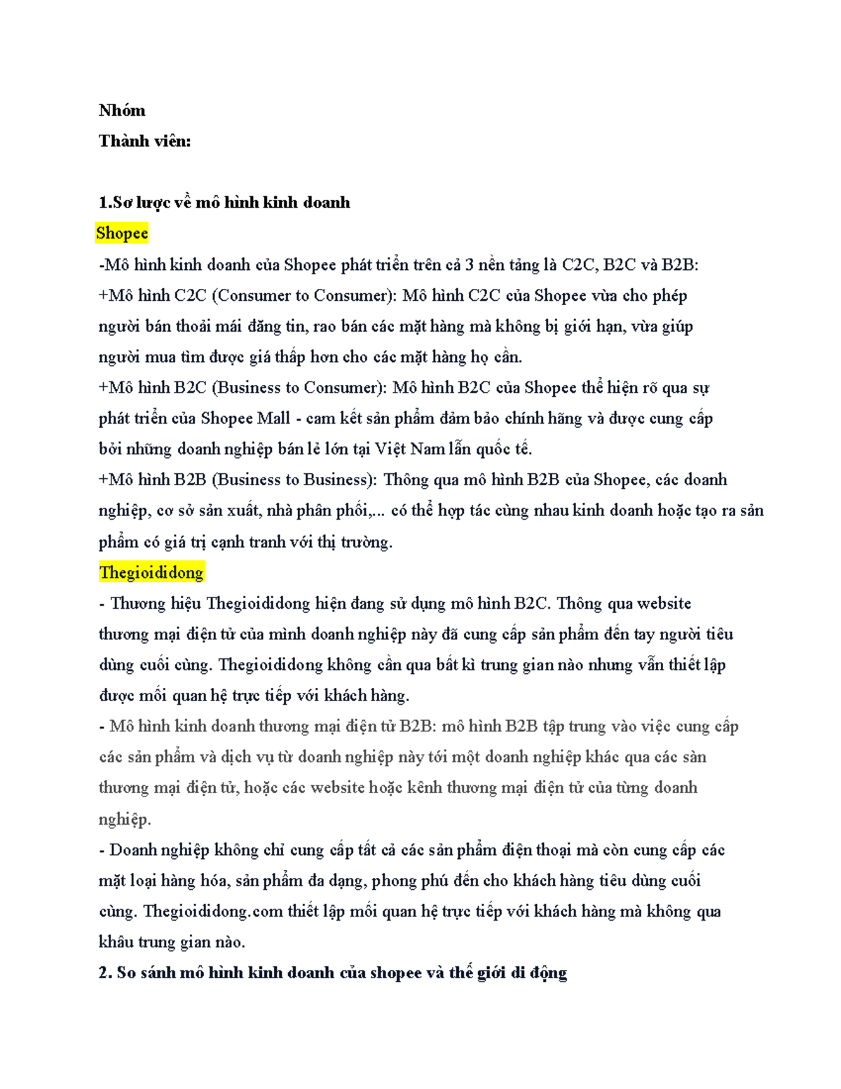 ICT-Case Study: Mô Hình Kinh Doanh Shopee và Thế Giới Di Động - Studocu