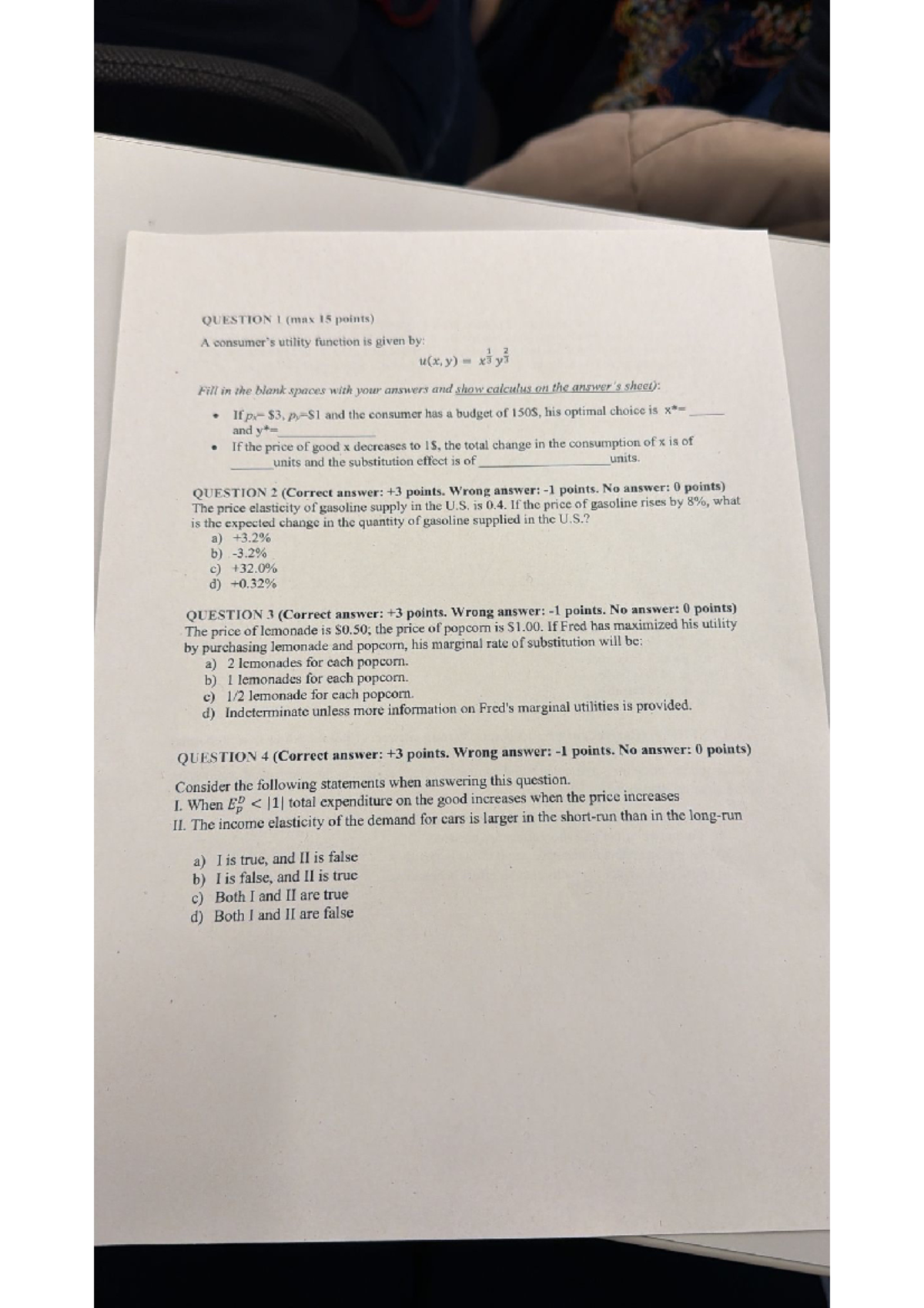 Microeconomics Quiz: Utility Functions & Price Elasticity (Max IS ...