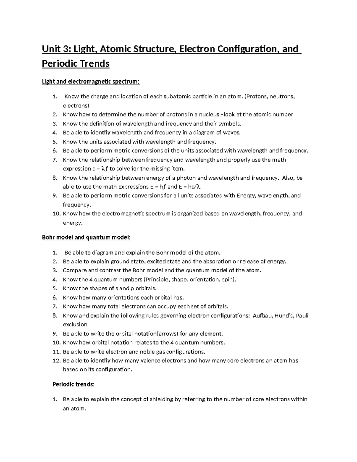 Unit 3: Electrons Test Study Guide on Light, Atomic Structure, and ...