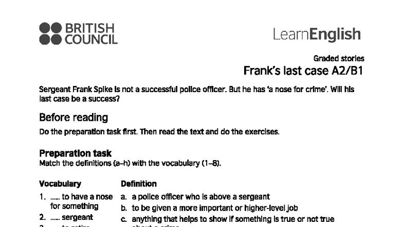 Frank's Last Case: A Graded Story Analysis (British Council B1) - Studocu