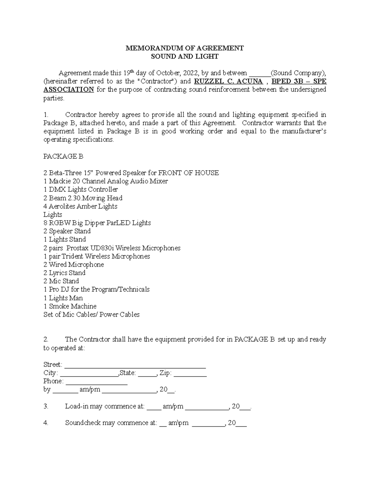 Agreement for Sound and Light Services – BPED 3B Event - Studocu
