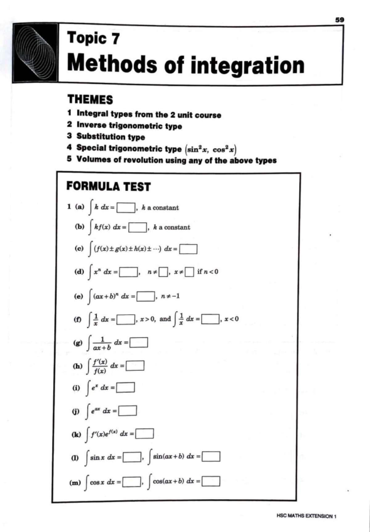 HSC MATHS EXTENSION 1: Methods of Integration Revision Notes - Studocu