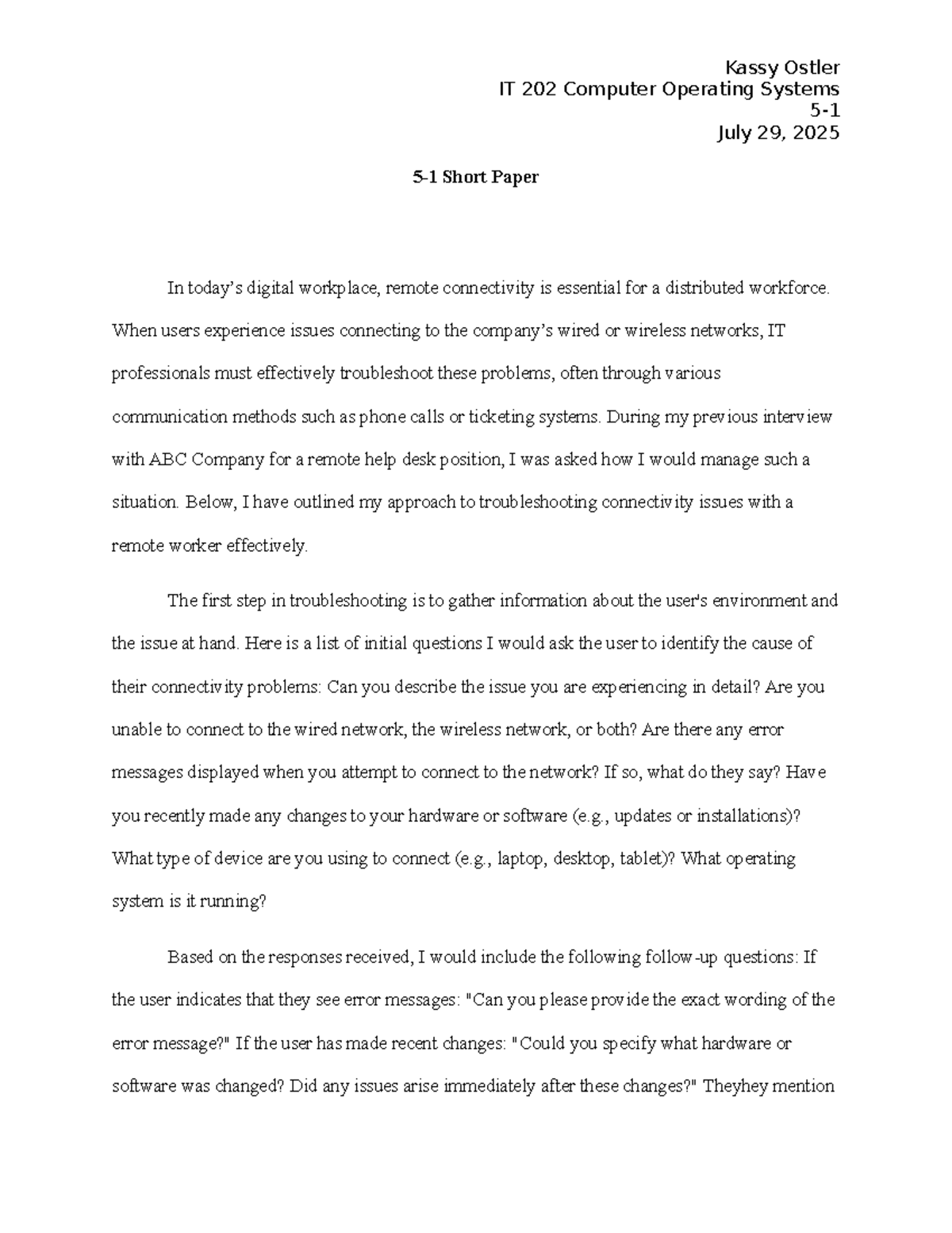 IT 202 Short Paper: Troubleshooting Remote Connectivity Issues - Studocu