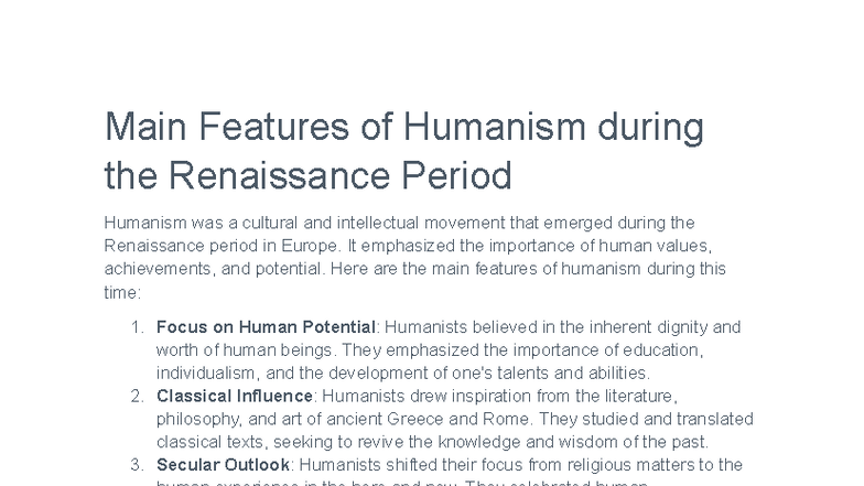 Main Features of Humanism in the Renaissance Era: Key Insights - Studocu
