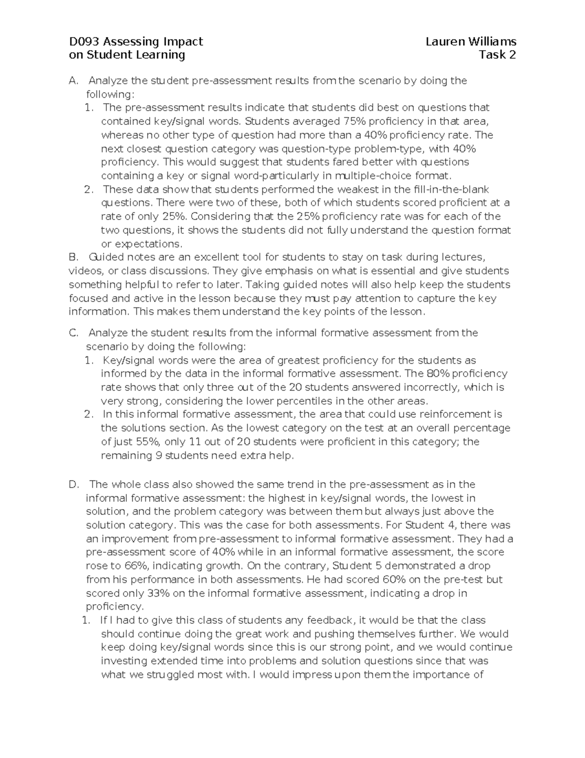 D093 - Task 2 Passed 1st try - on Student Learning Task 2 A. Analyze the student pre-assessment ...