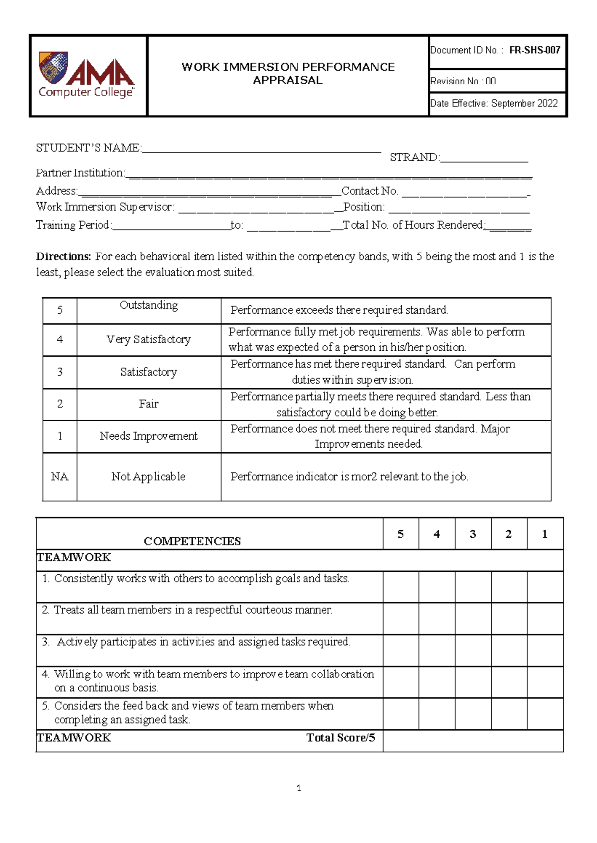 SHSWI Work Immersion Performance Appraisal Evaluation Form - Studocu