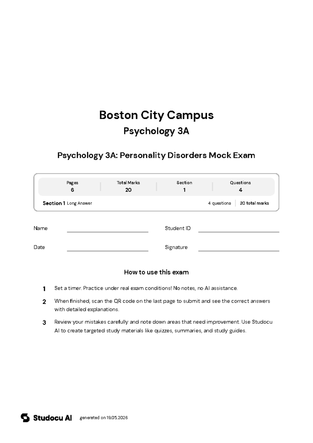 Psychology 3A: Personality Disorders Mock Exam - Studocu
