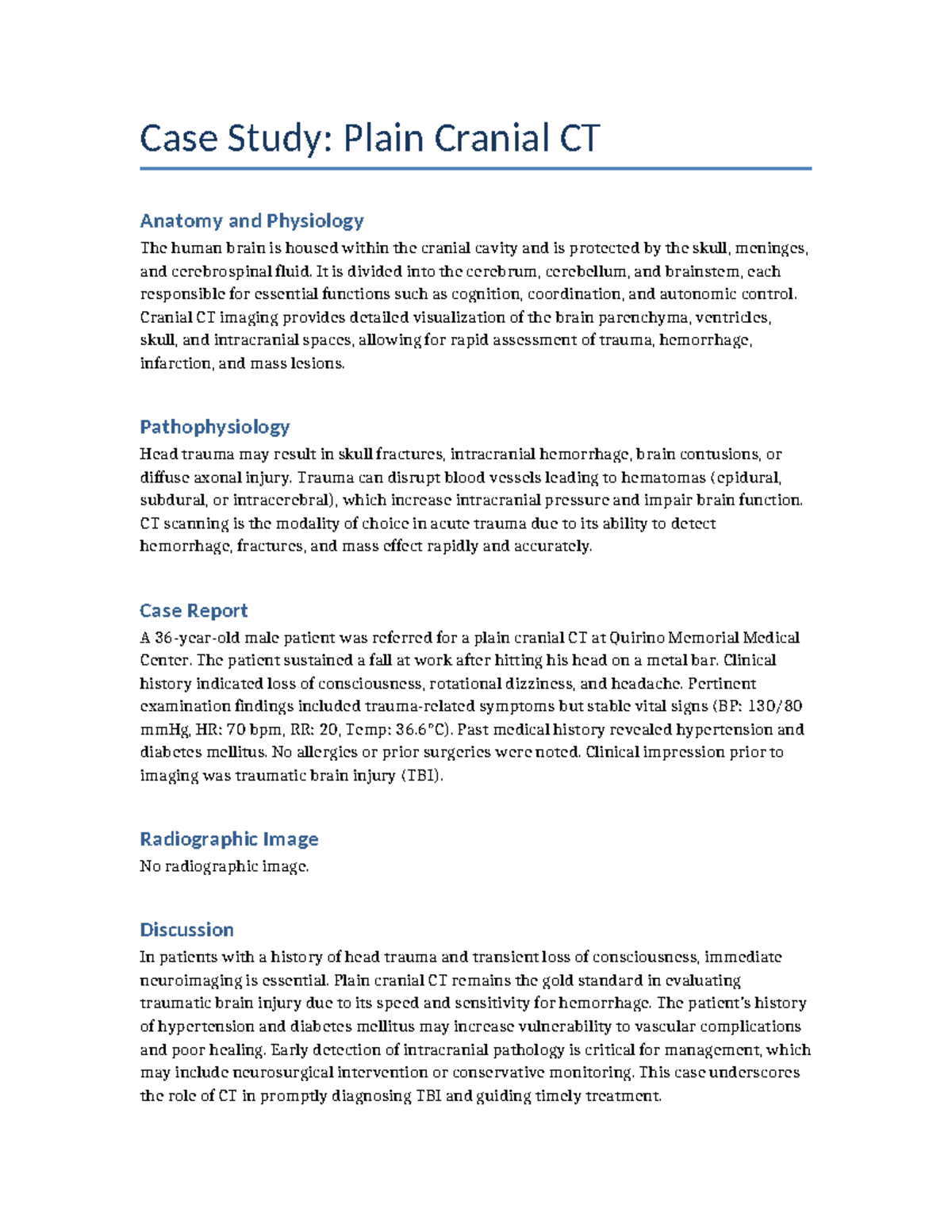 Plain Cranial CT Case Study: Anatomy, Physiology & TBI Evaluation - Studocu