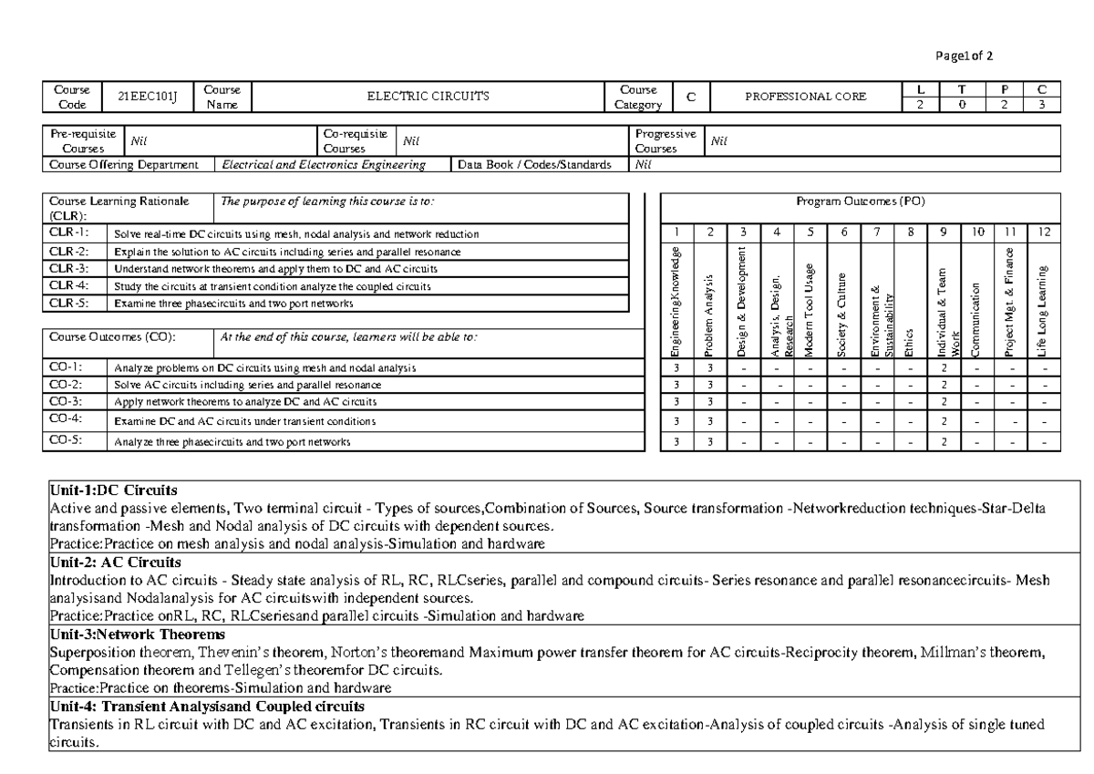 21EEC101J - Electric Circuits Syllabus Overview - Studocu