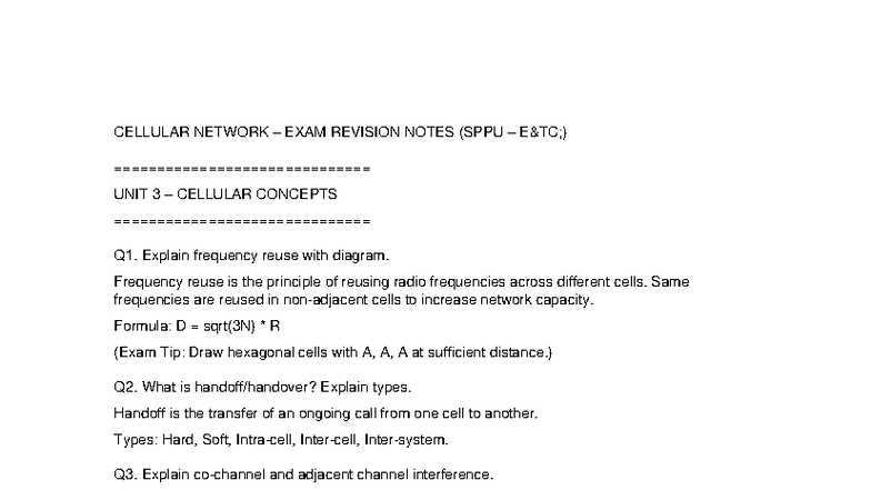Cellular Network Revision - CELLULAR NETWORK – EXAM REVISION NOTES ...