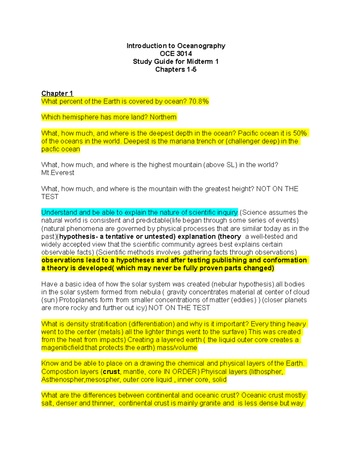 Oce study guide - Lecture notes 1-10 - Introduction to Oceanography OCE ...