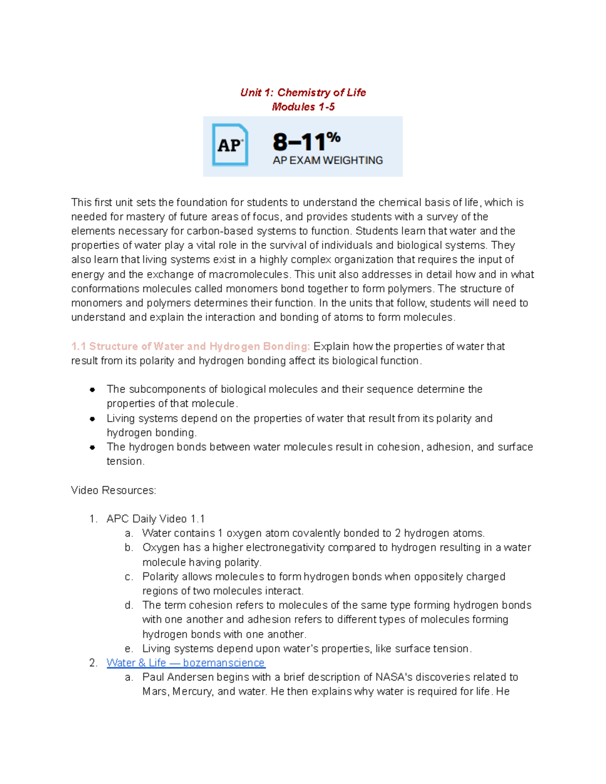 APC Unit 1: Chemistry of Life Overview and Key Concepts Review - Studocu